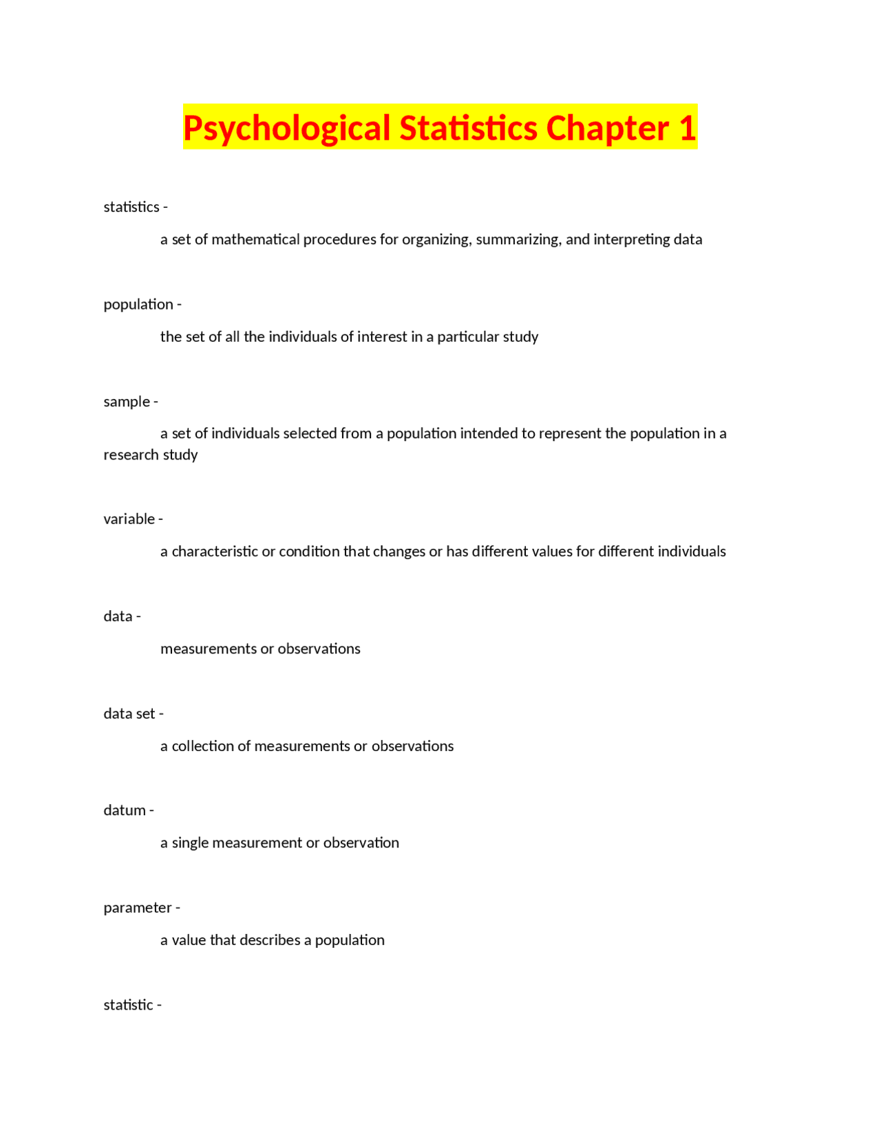Psychological Statistics Chapter 1 | Exams Statistics | Docsity