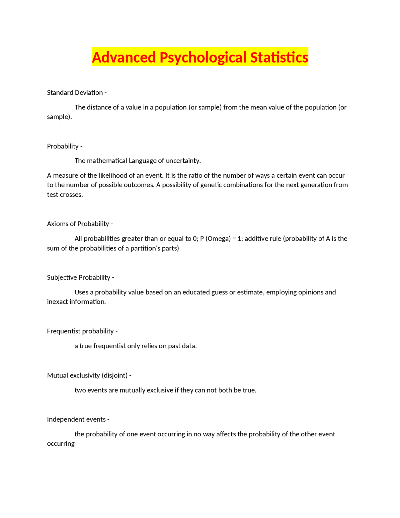Advanced Psychological Statistics | Exams Statistics | Docsity