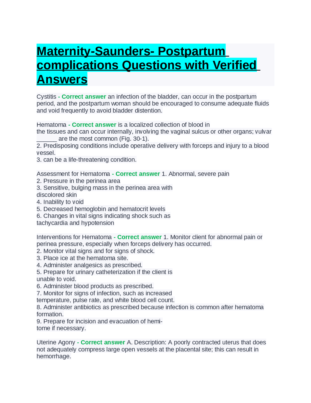 Maternity-Saunders- Postpartum complications Questions with Verified ...