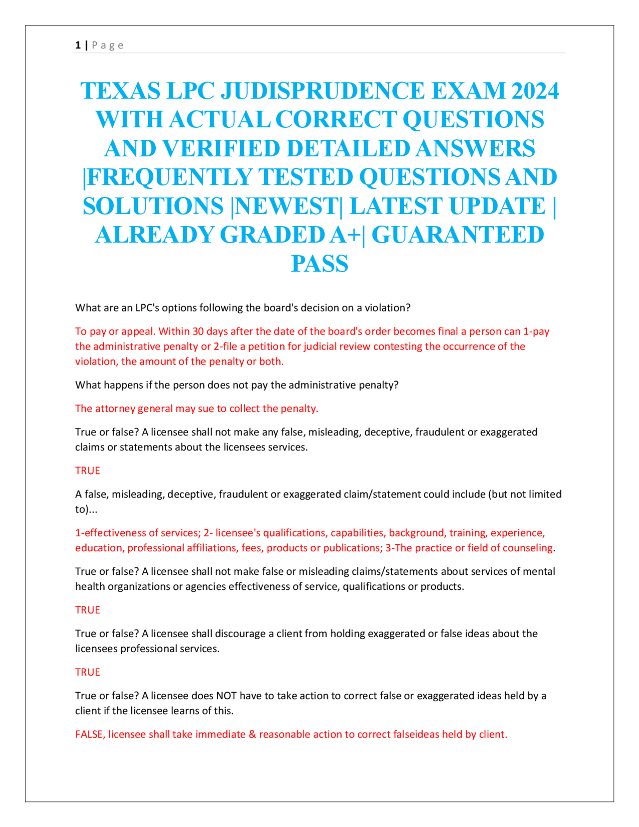 TEXAS LPC JUDISPRUDENCE EXAM 2024 | Exams Nursing | Docsity