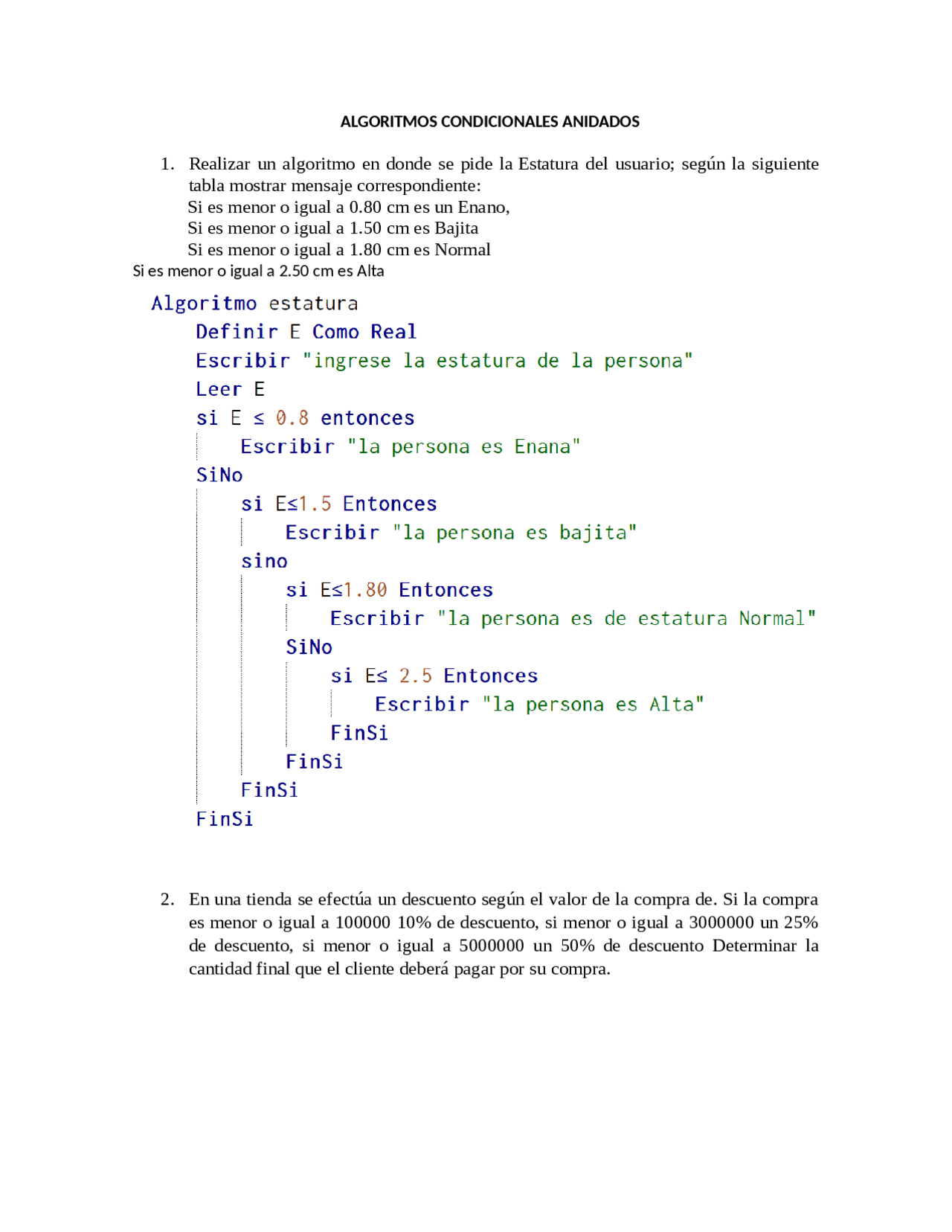 listado de ejercicios condicionales | Ejercicios de Algoritmos y Programación | Docsity