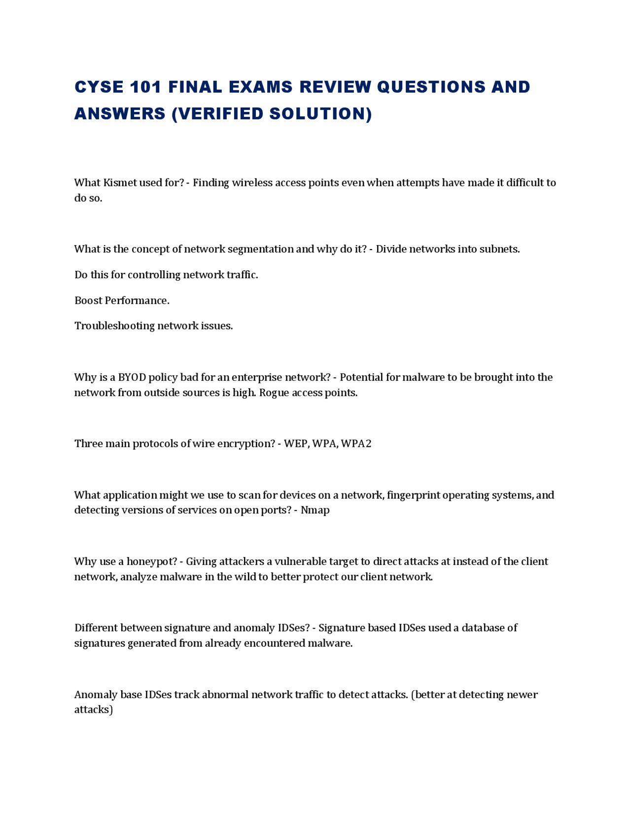 CYSE 101 FINAL EXAMS REVIEW QUESTIONS AND ANSWERS (VERIFIED SOLUTION) | Exams Computer Network ...