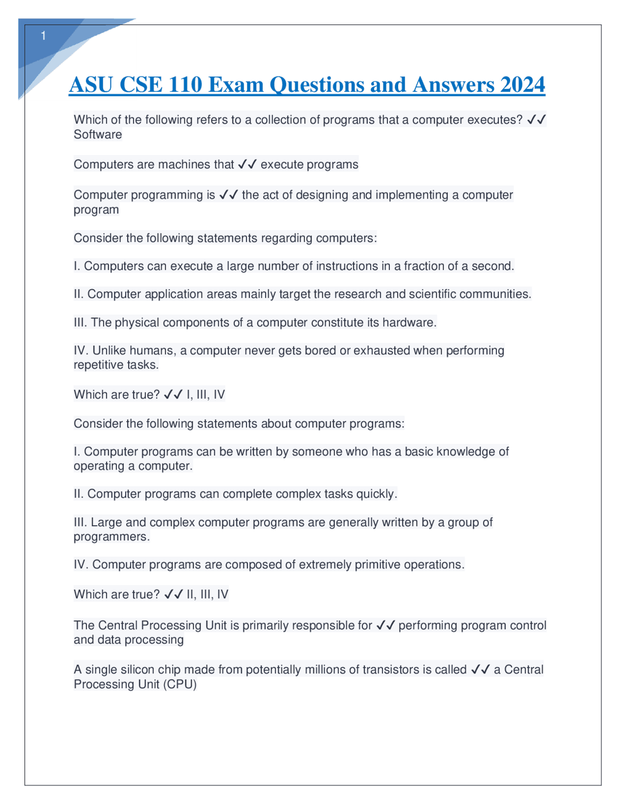 ASU CSE 110 Exam Questions and Answers 2024 | Exams Information Technology | Docsity