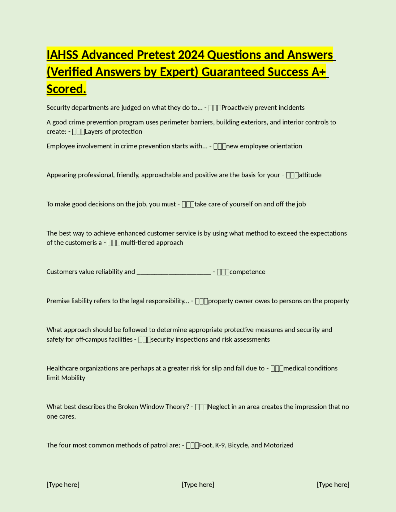 IAHSS Advanced Pretest 2024 Questions and Answers (Verified Answers by ...