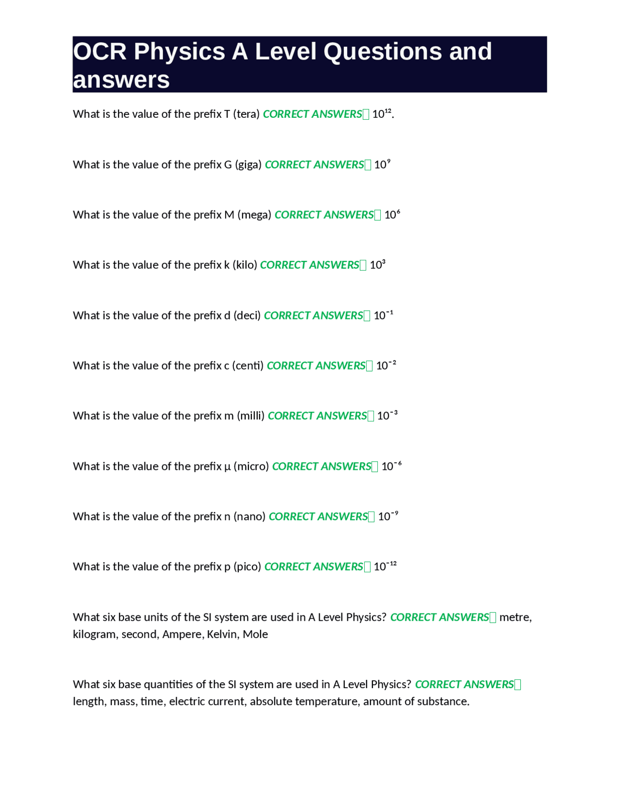 OCR Physics A Level: Questions and Answers for Various Topics | Exams Physics | Docsity