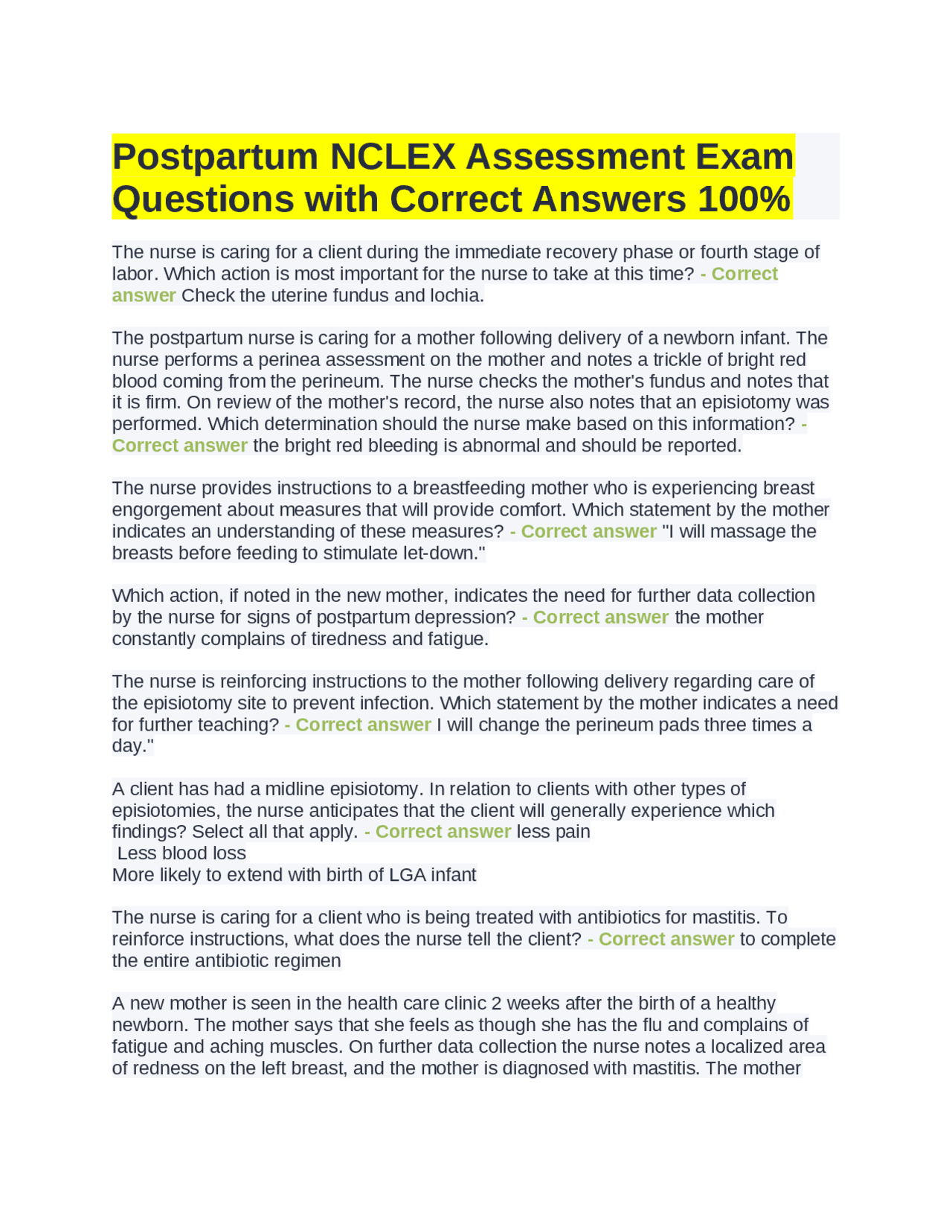 Postpartum NCLEX Assessment Exam with Correct Answers | Exams Nursing ...