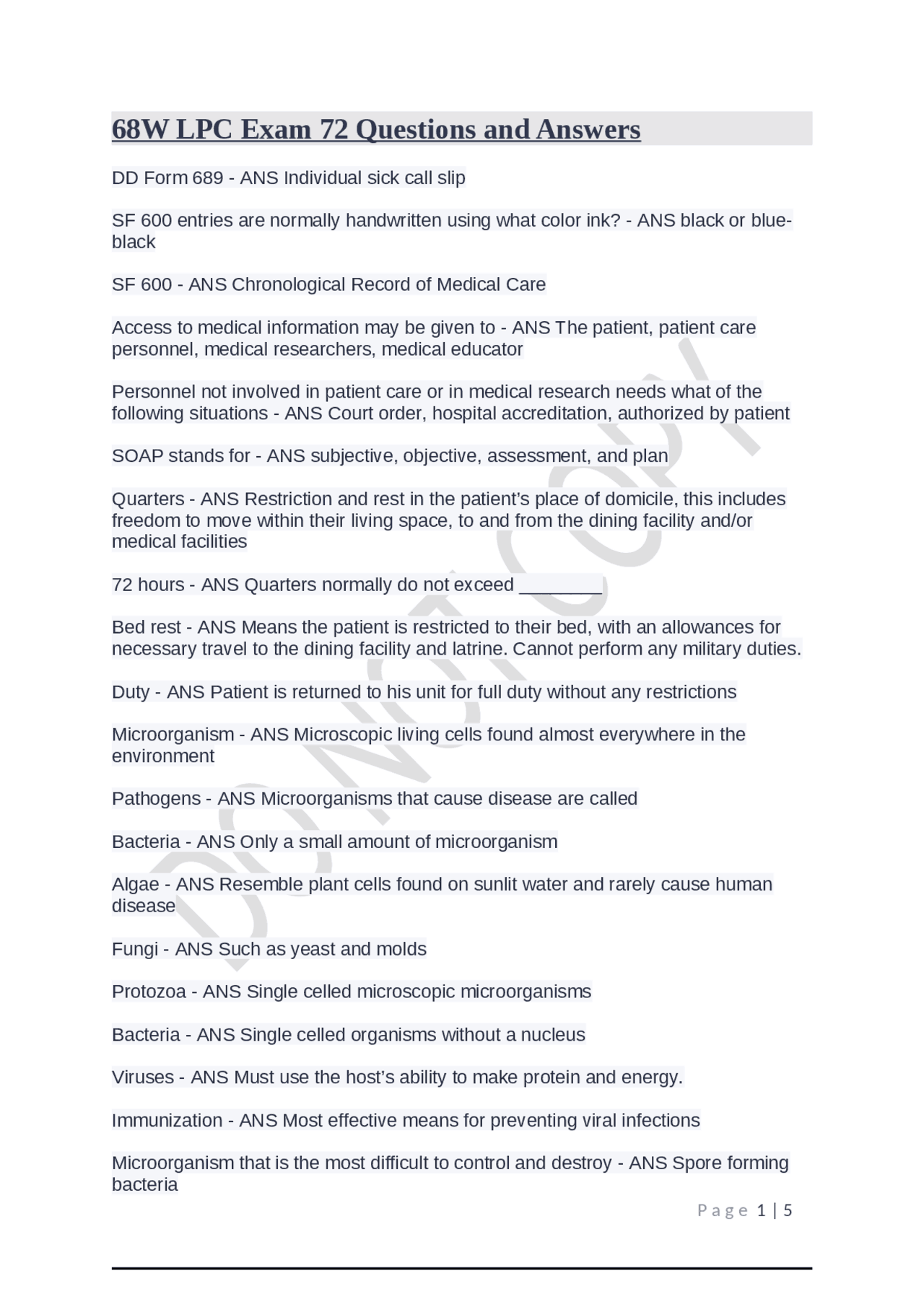 Medical Terms, Procedures, and Precautions: 68W LPC Exam Questions and ...