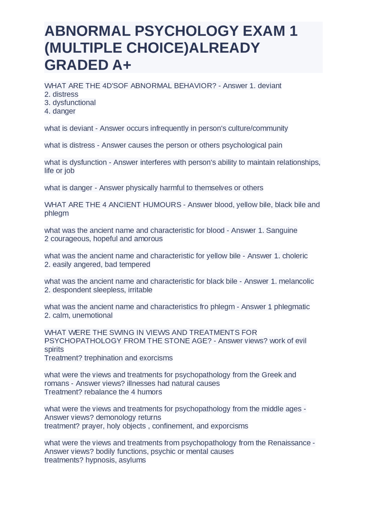 ABNORMAL PSYCHOLOGY EXAM 1 (MULTIPLE CHOICE)ALREADY GRADED A+. | Exams ...