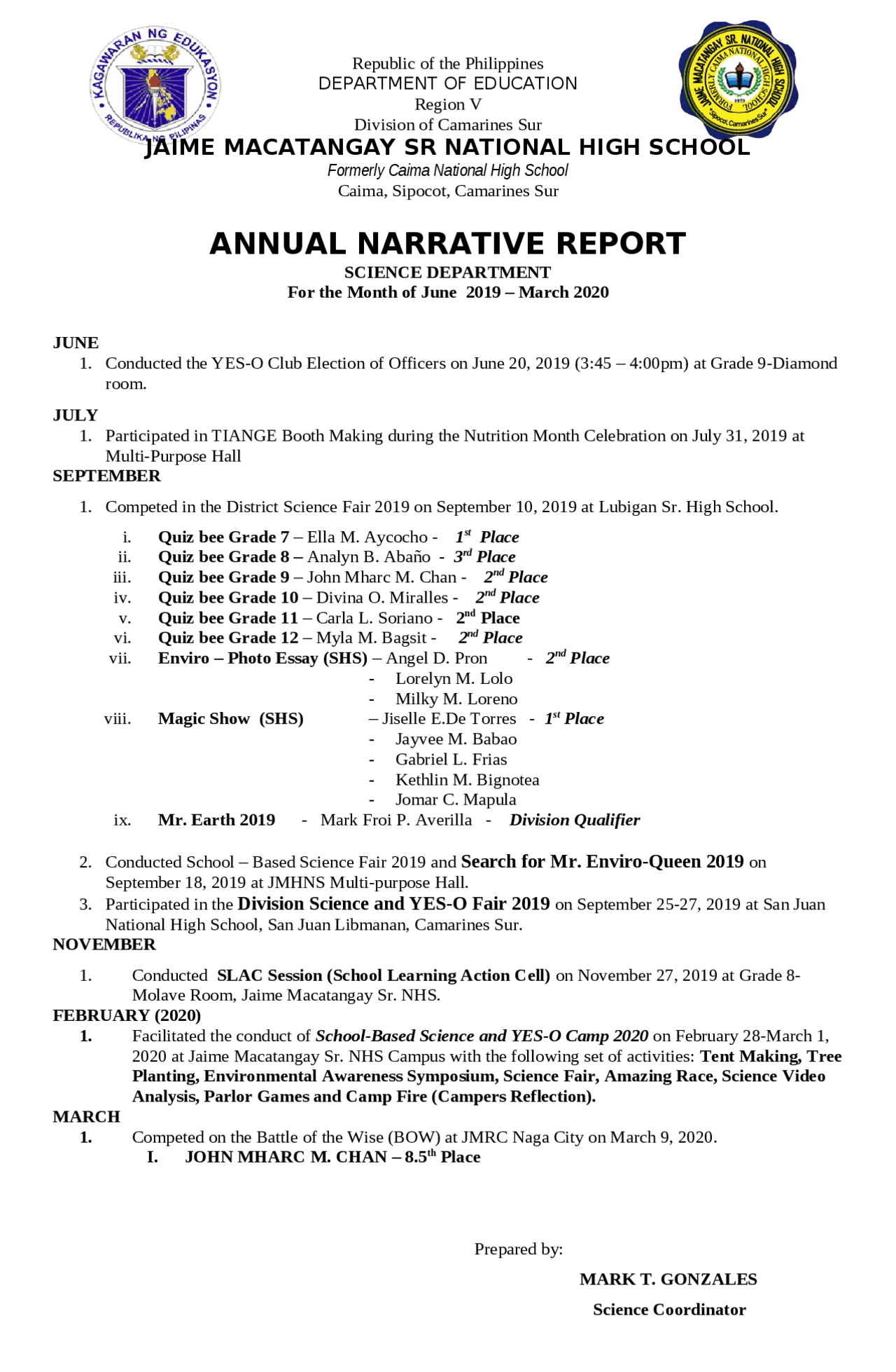Annual Narrative Report of Science Department in JAIME MACATANGAY SR ...