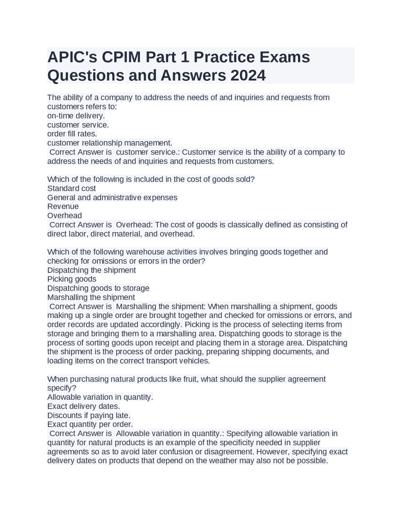 APIC's CPIM Part 1 Practice Exams Questions and Answers 2024 | Exams ...