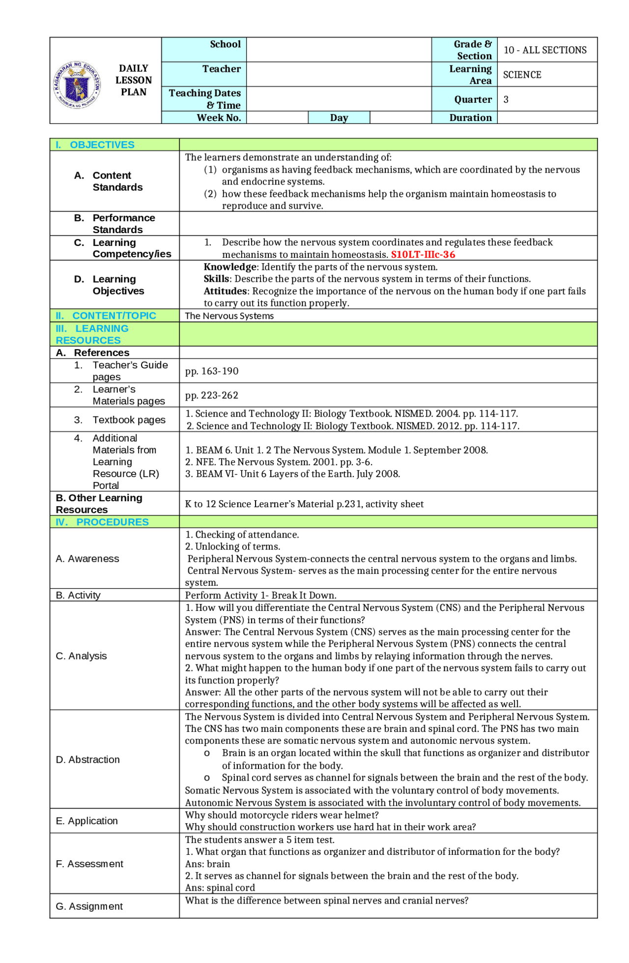 lesson plan on nervous system. lesson plan on nervous system | Summaries Biology | Docsity