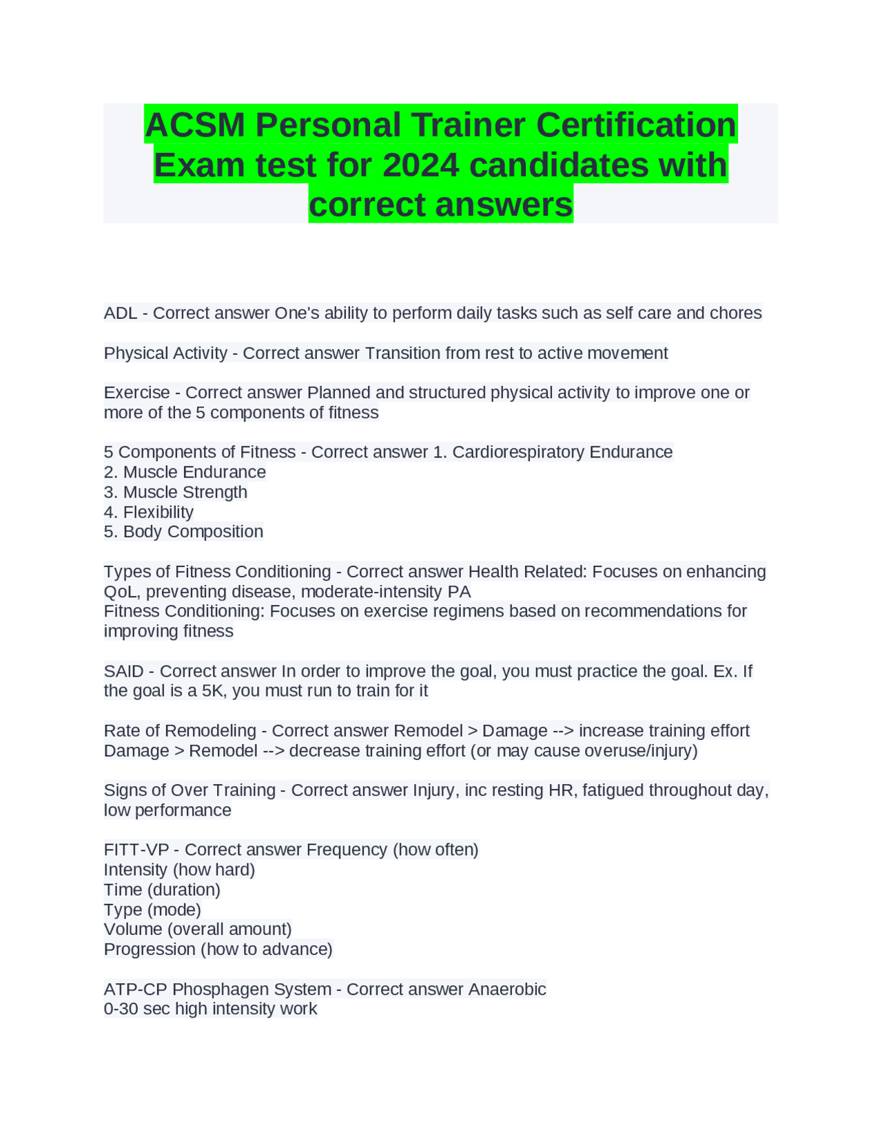 ACSM Personal Trainer Certification Exam Answers and Explanations ...