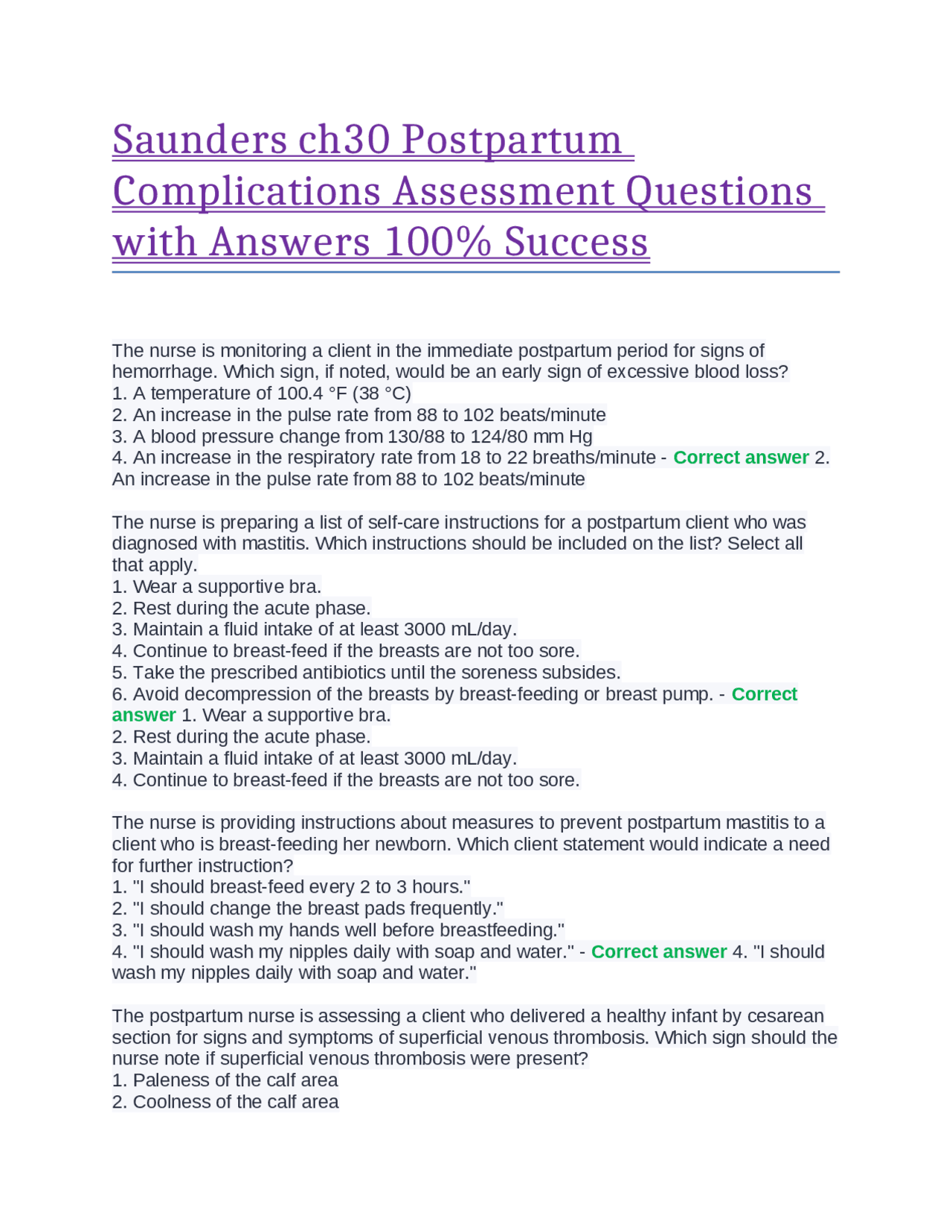 Postpartum Complications Assessment: Questions and Answers | Exams ...