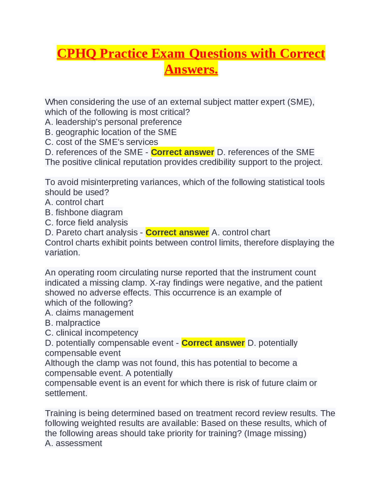 CPHQ Practice Exam Questions with Correct Answers. | Exams Medicine ...