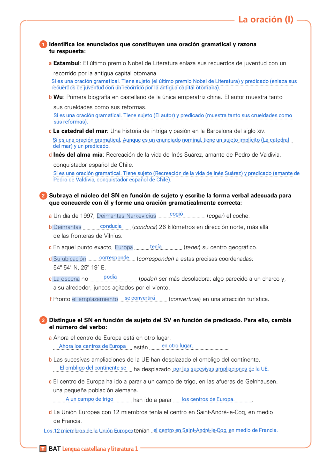 Ejercicios resueltos sobre la oración (I) | Ejercicios de Lengua y Literatura | Docsity