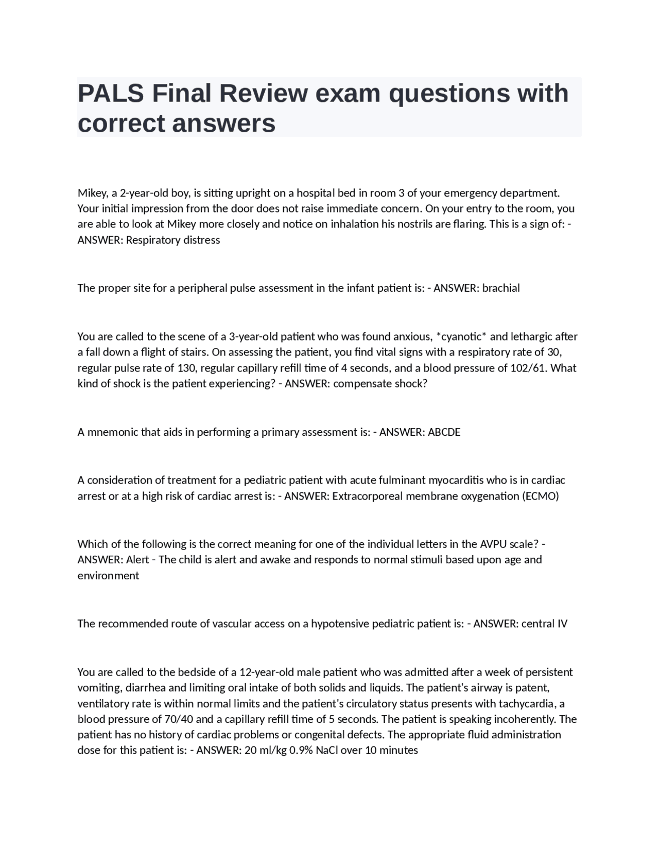 PALS Final Review exam questions with correct answers | Exams Nursing ...