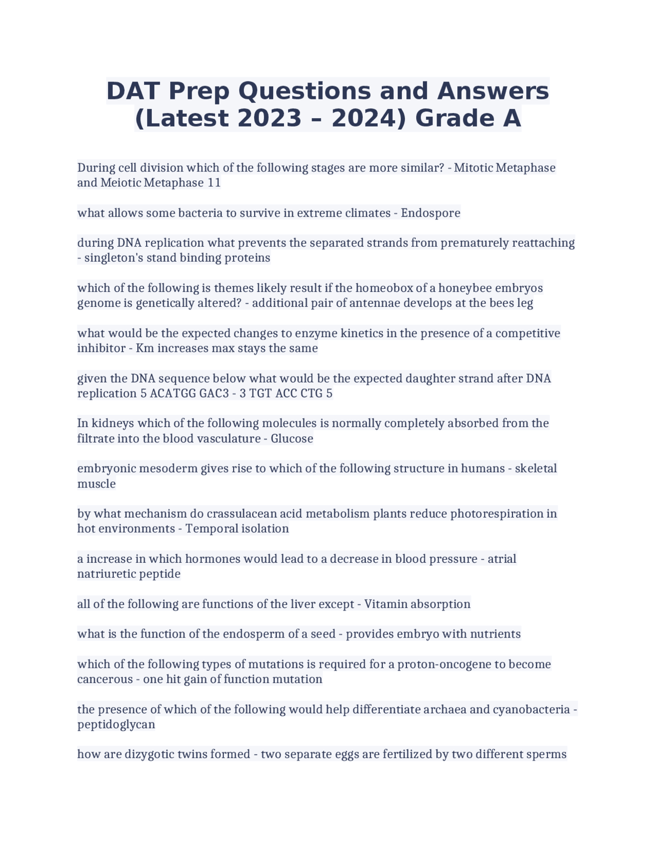DAT Prep Questions and Answers (Latest 2023 – 2024) Grade A | Exams ...