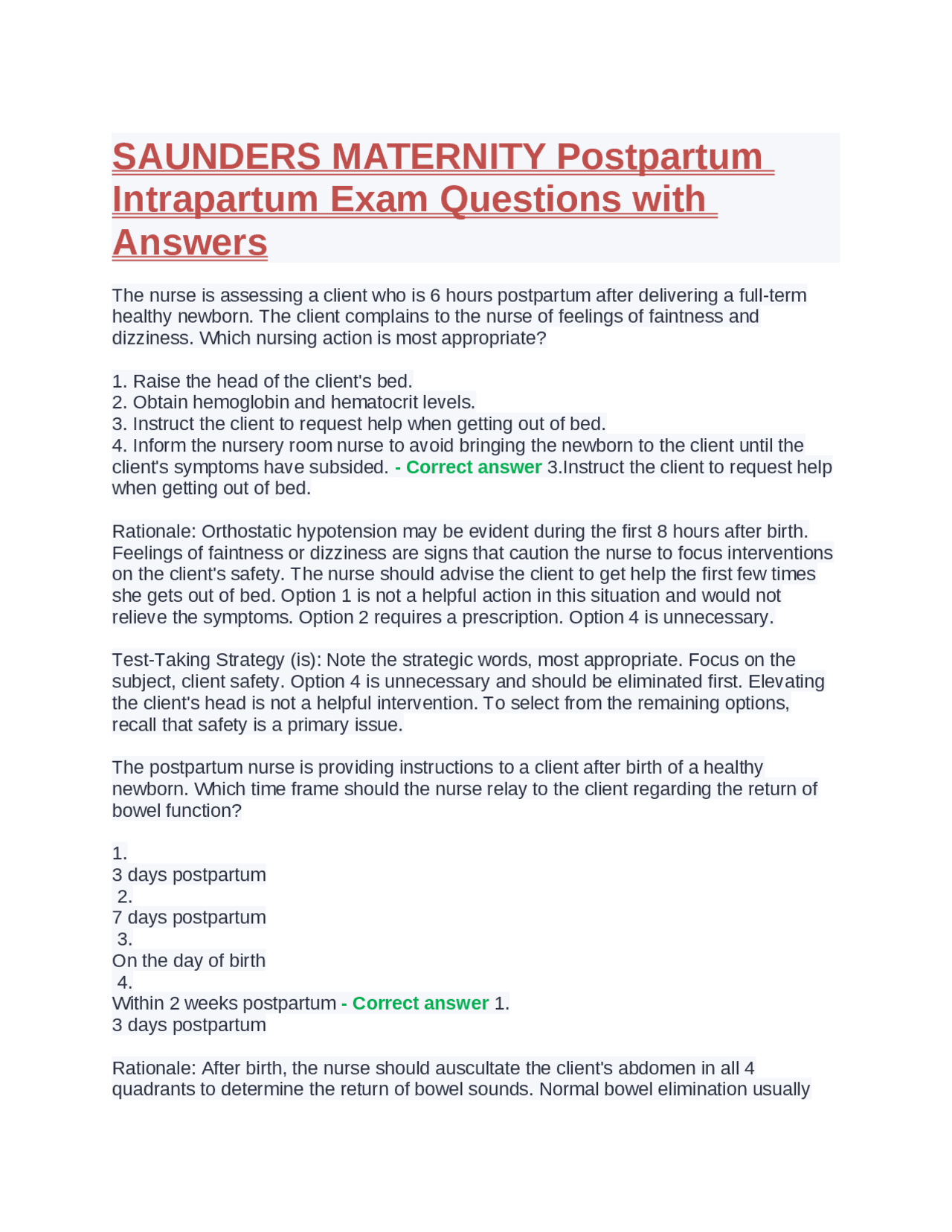 Postpartum Care and Labor Assessment | Exams Nursing | Docsity