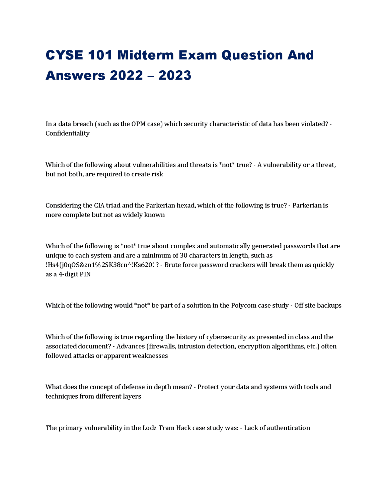 CYSE 101 Midterm Exam Question And Answers 2022 – 2023 | Exams Computer Network Management and ...