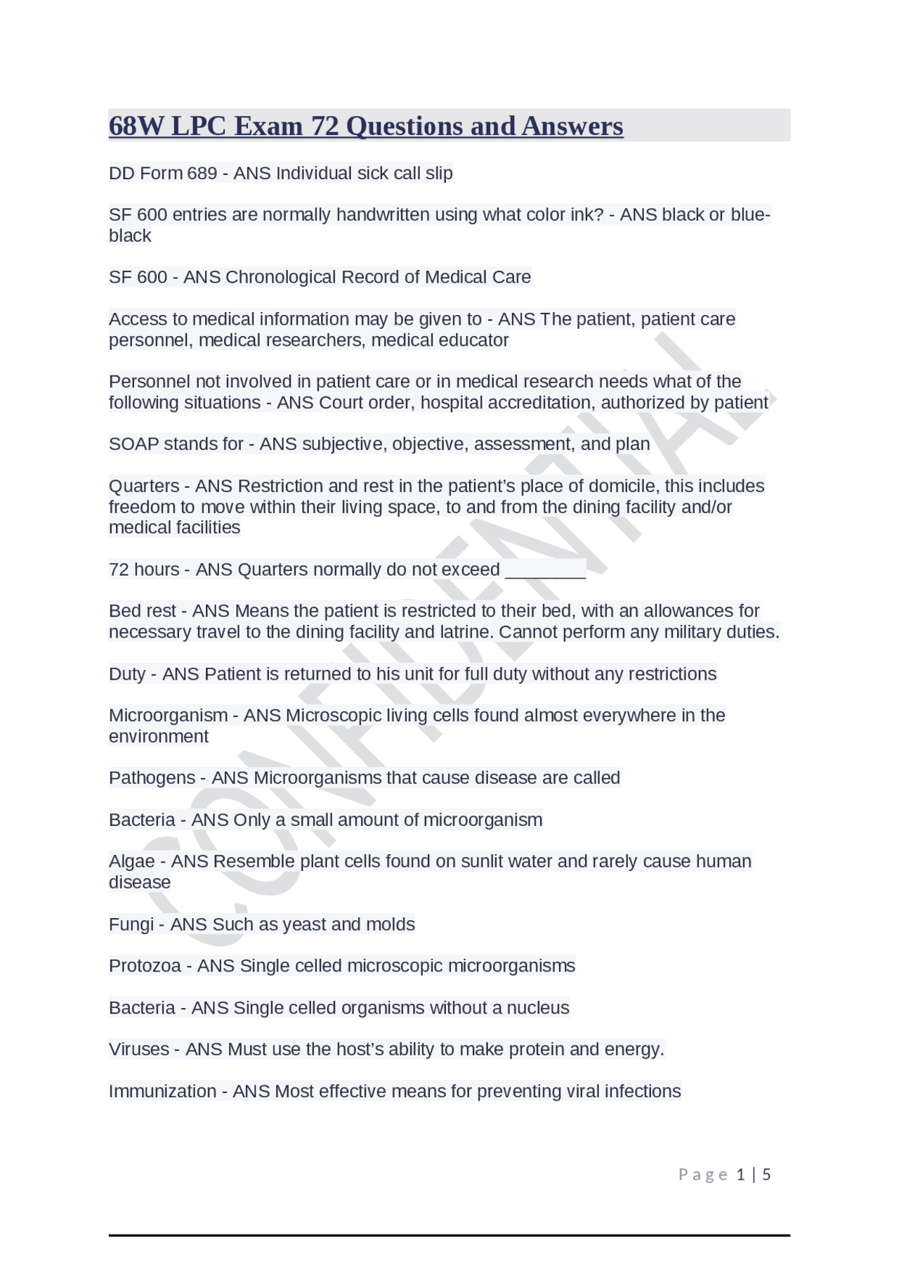 Medical Terms, Procedures, and Precautions: 68W LPC Exam Questions and ...