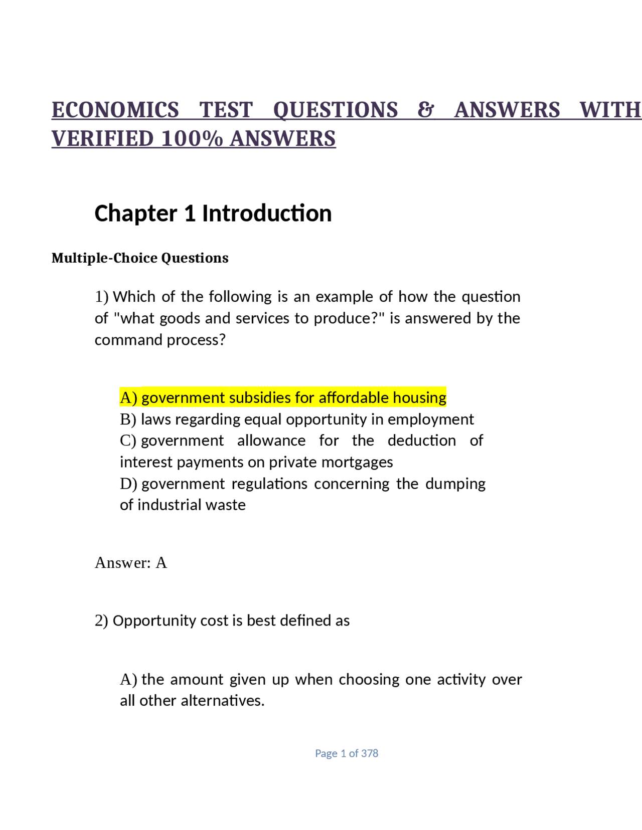 ECONOMICS TEST QUESTIONS & ANSWERS WITH VERIFIED 100% ANSWERS | Exams ...