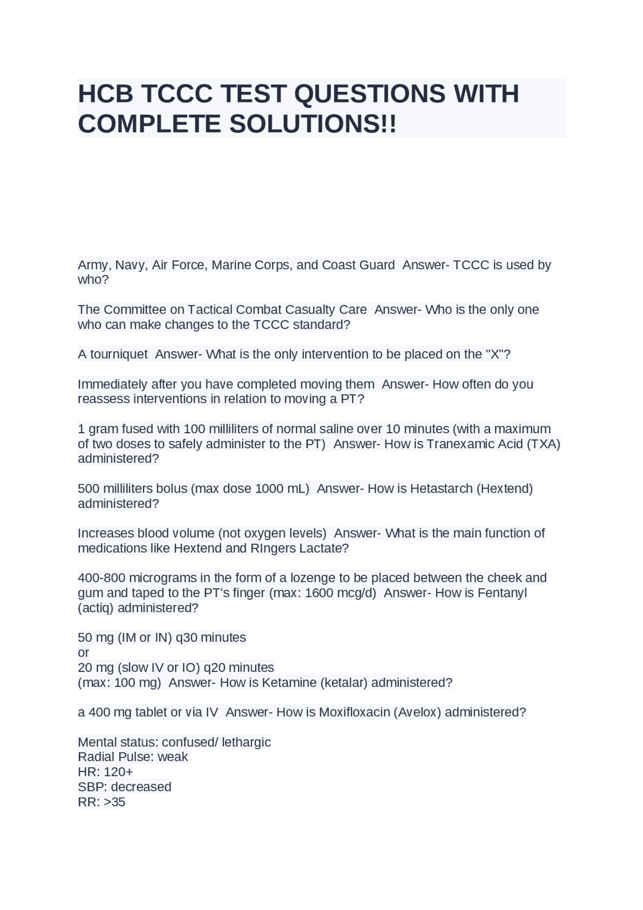 Tactical Combat Casualty Care (TCCC) Test Questions and Answers | Exams ...