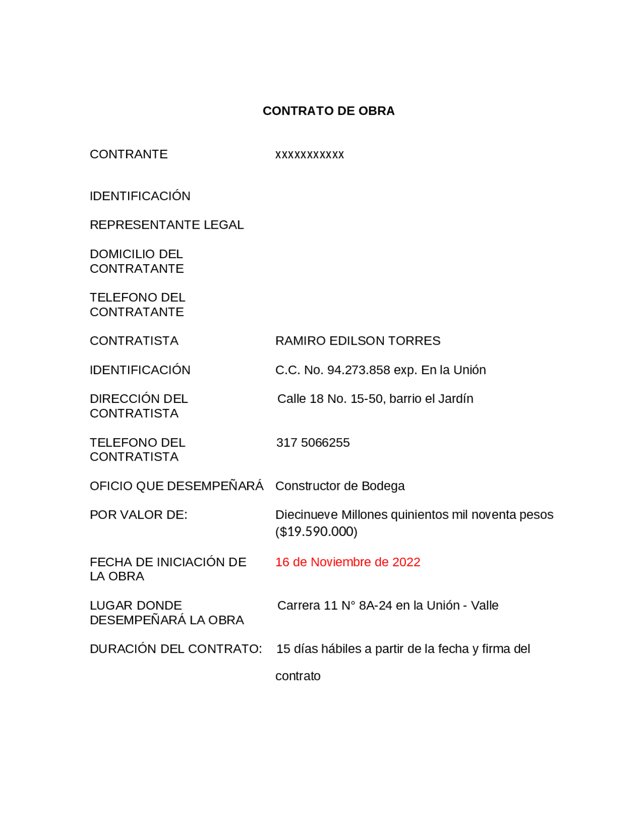 Contrato de Obra entre Excoagro y Ramiro Edilson Torres | Apuntes de ...