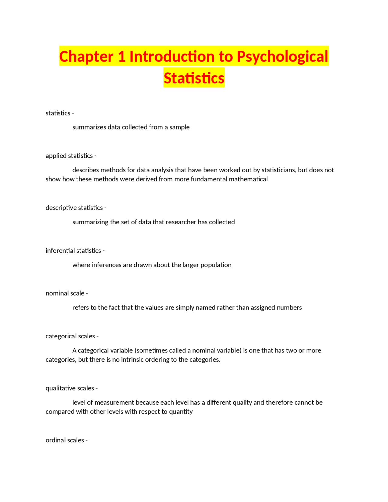 Chapter 1 Introduction to Psychological Statistics | Exams Statistics | Docsity