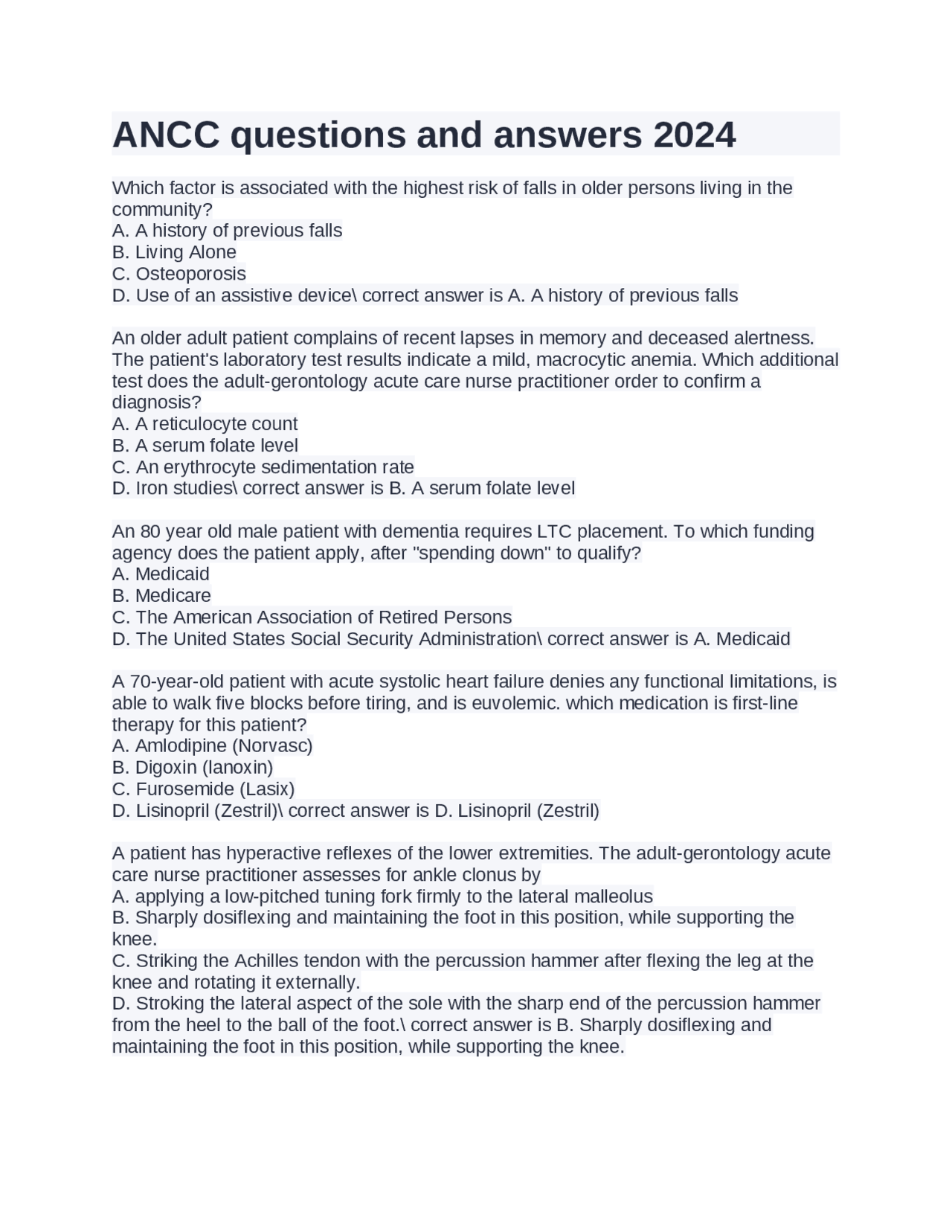 ANCC Exam Questions and Answers for Adult-Gerontology Acute Care ...