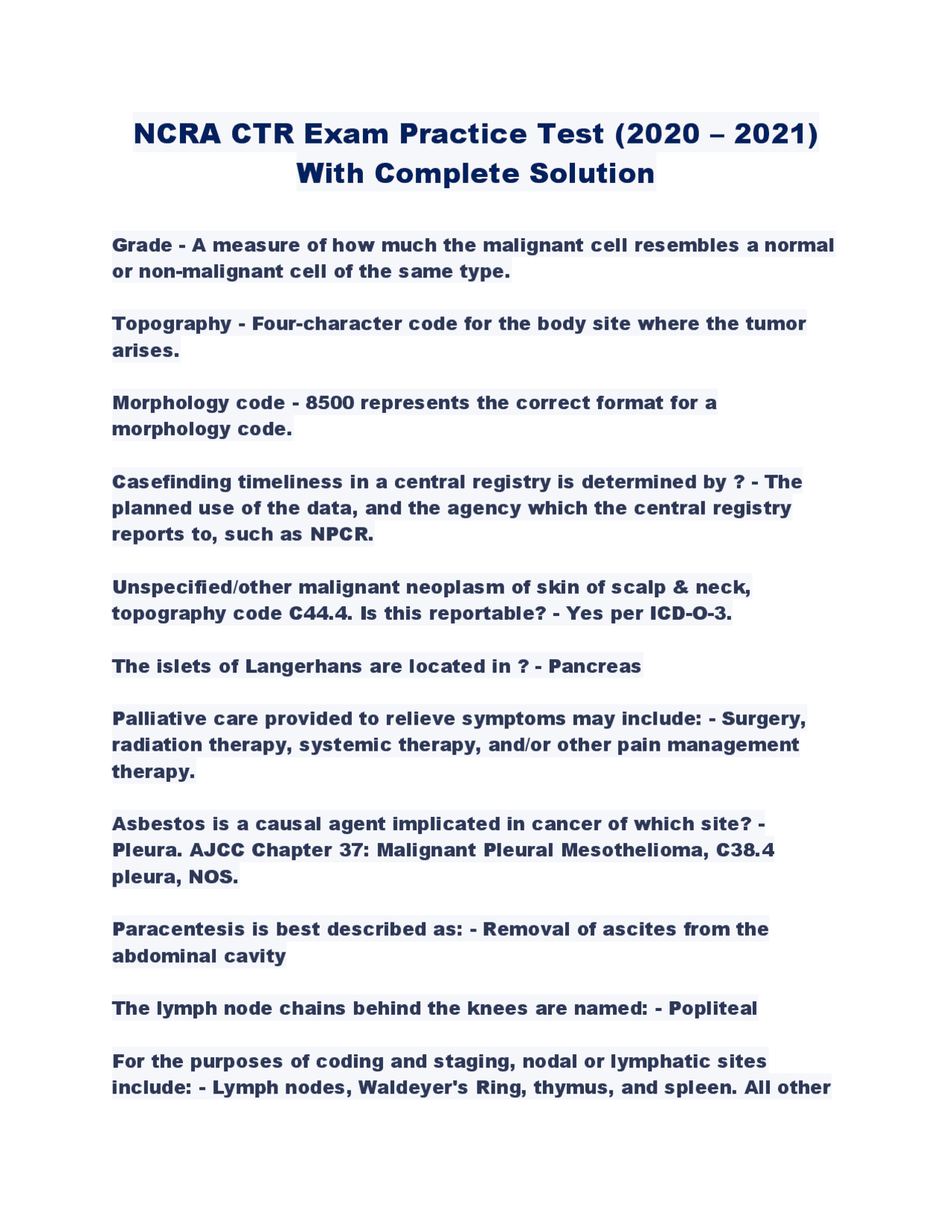 NCRA CTR Exam Practice Test (2020 – 2021) With Complete Solution ...