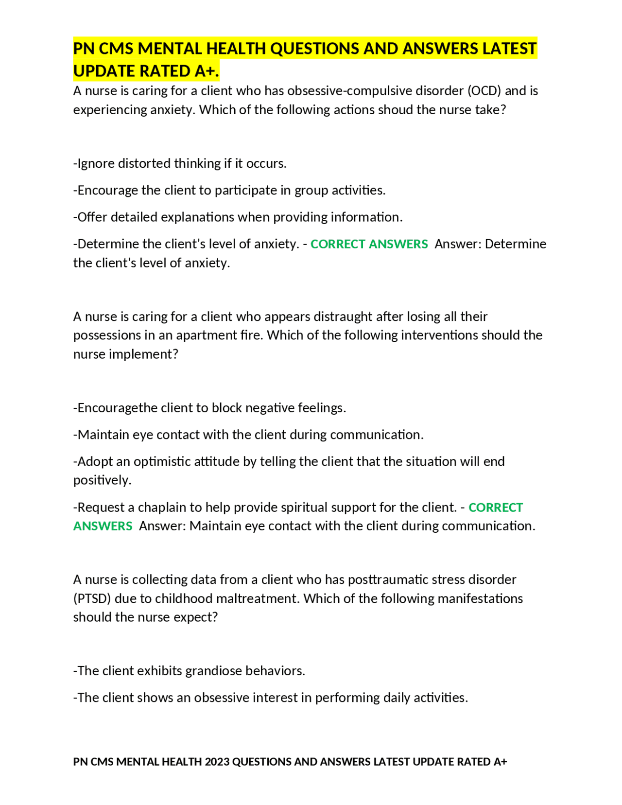 Nursing Interventions for Mental Health Disorders: Questions and ...