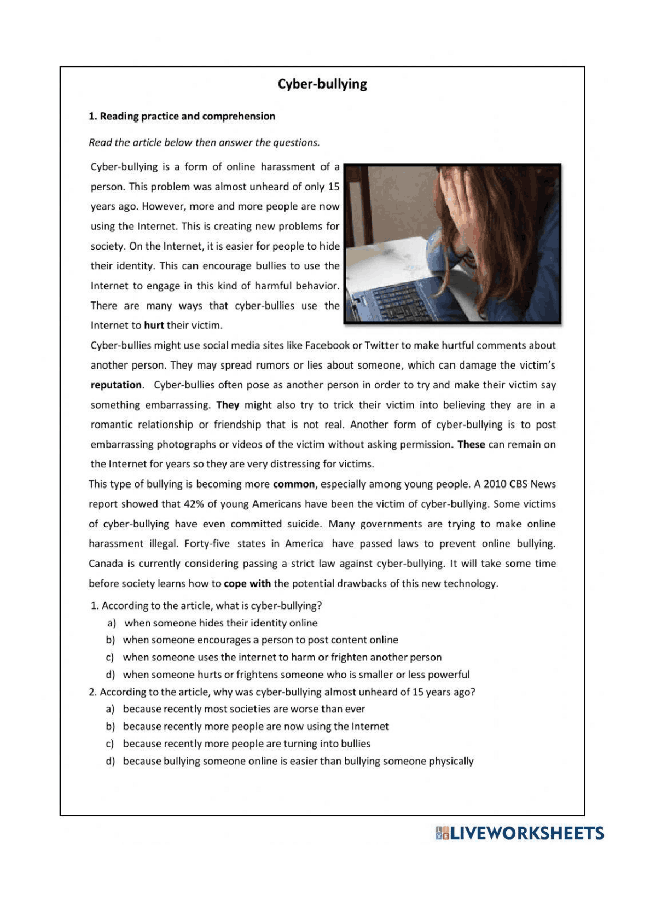 Reading comprehension about Cyberbullying | Guide, Progetti e Ricerche ...