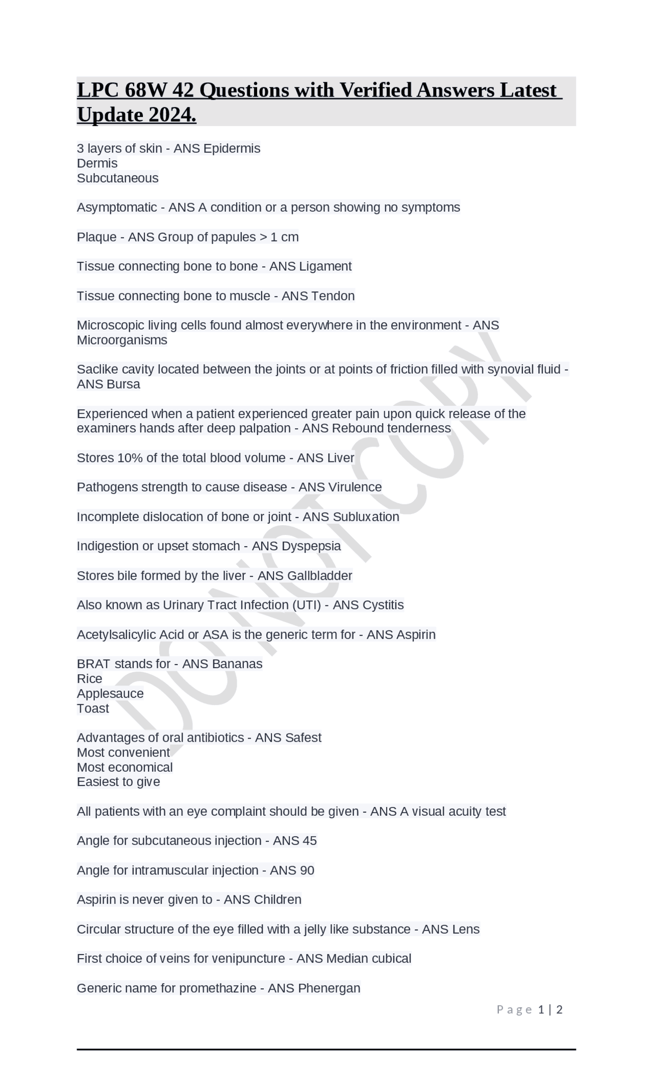 LPC 68W Medical Terminology with Verified Answers | Exams Ways of ...