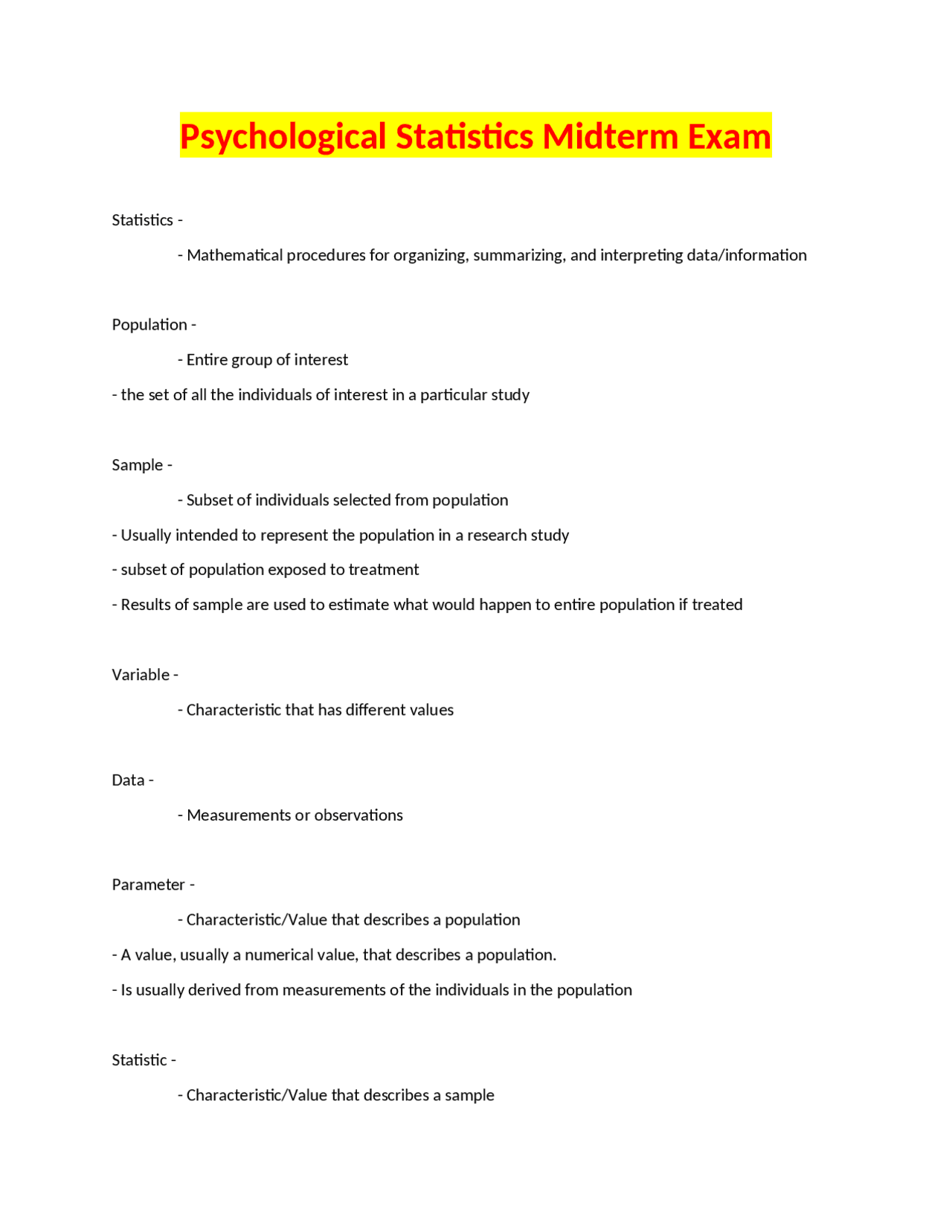 Psychological Statistics Midterm Exam | Exams Statistics | Docsity