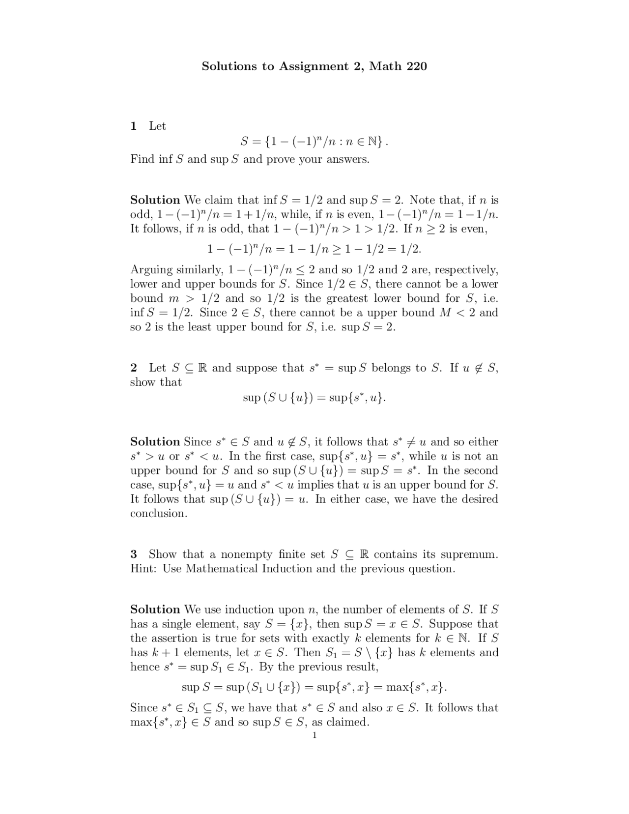 Solutions to Assignment 2, Math 220: Infimum, Supremum, and Irrational Numbers | Assignments ...
