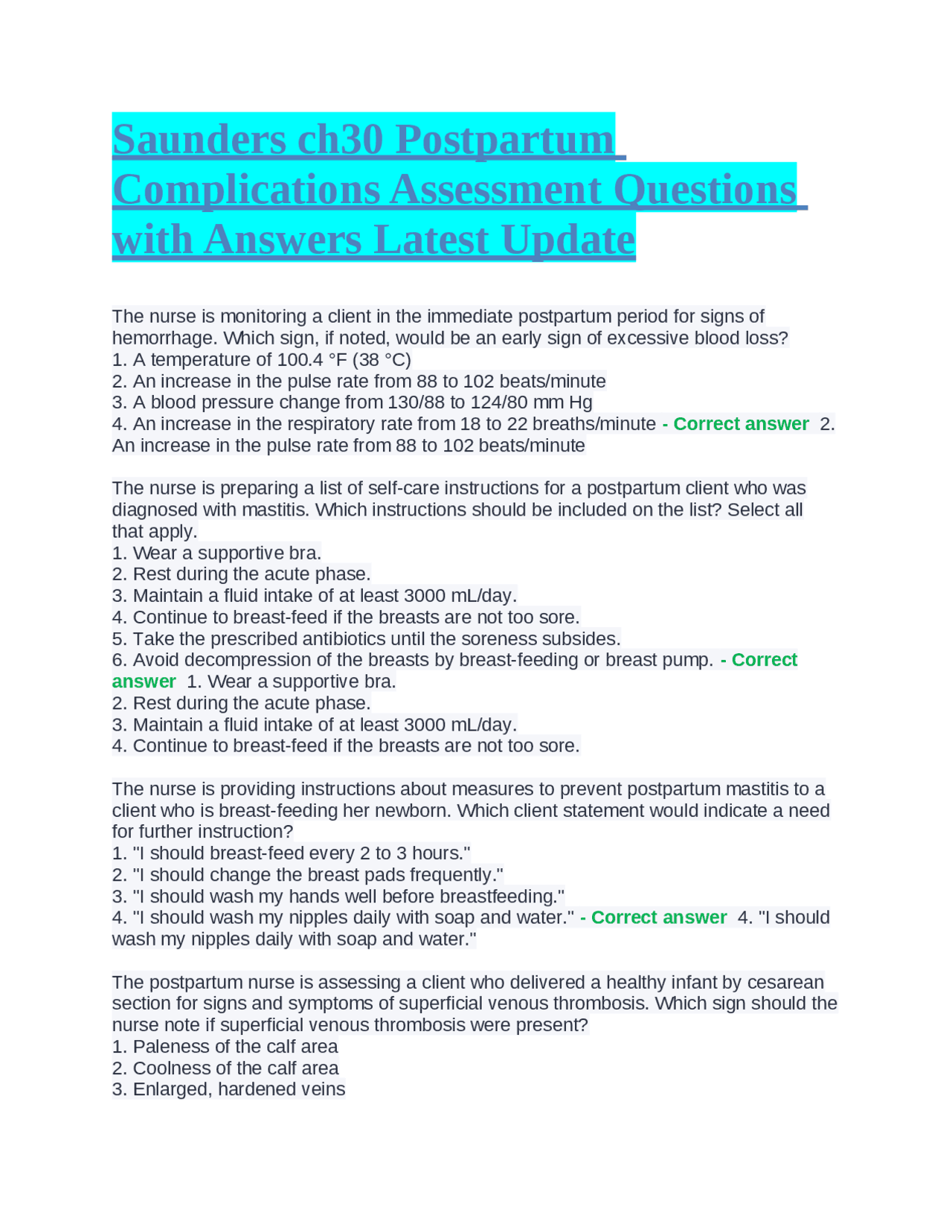Postpartum Complications Assessment: Questions and Answers | Exams ...