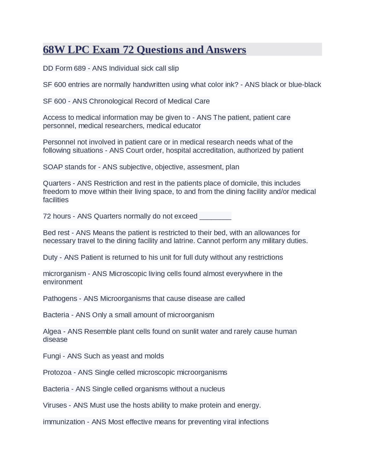 68W LPC Exam: Medical Terminology and Infection Control | Exams Water ...