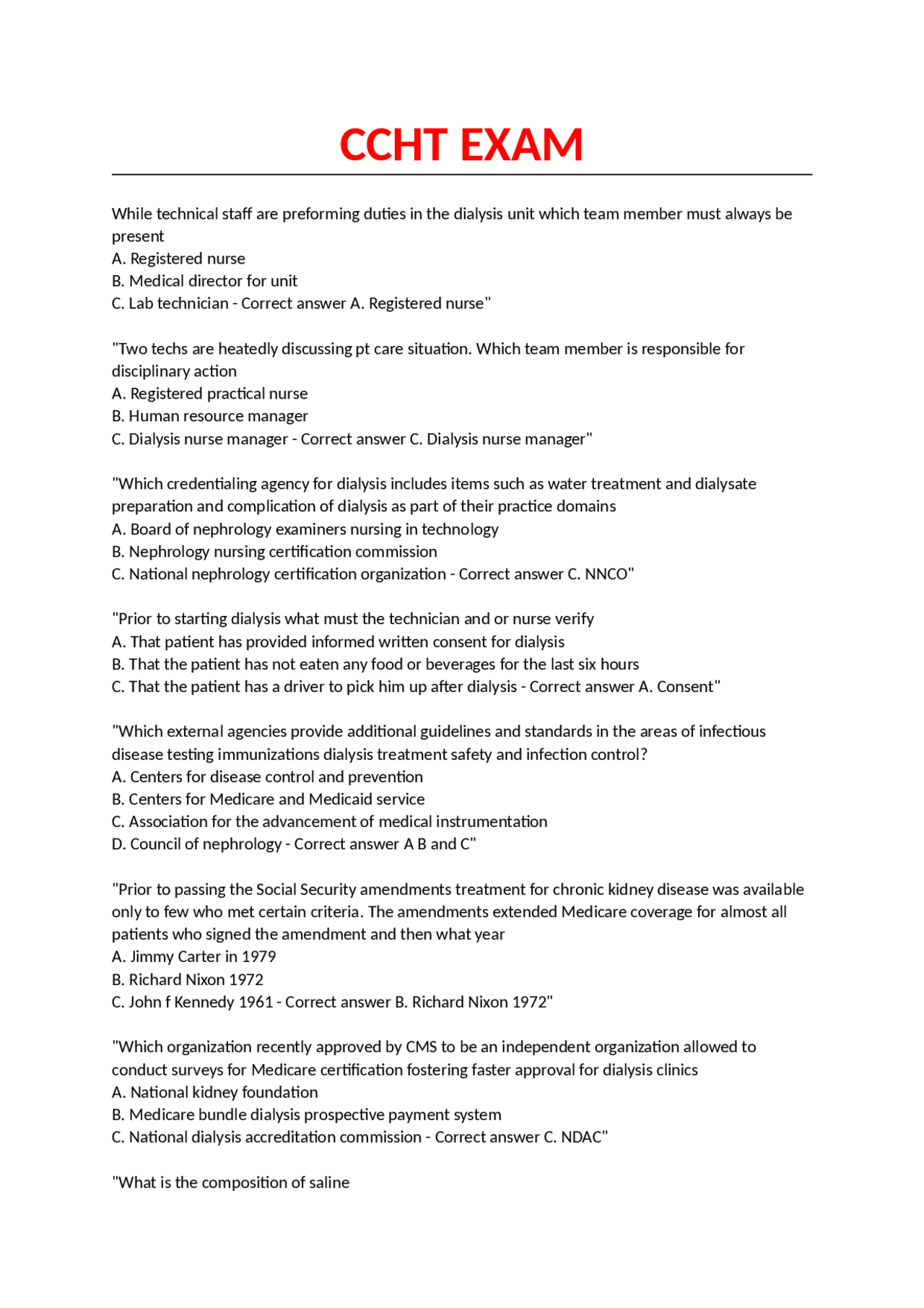 Certified Dialysis Nurse Exam - CCHT - Questions and Correct Answers ...