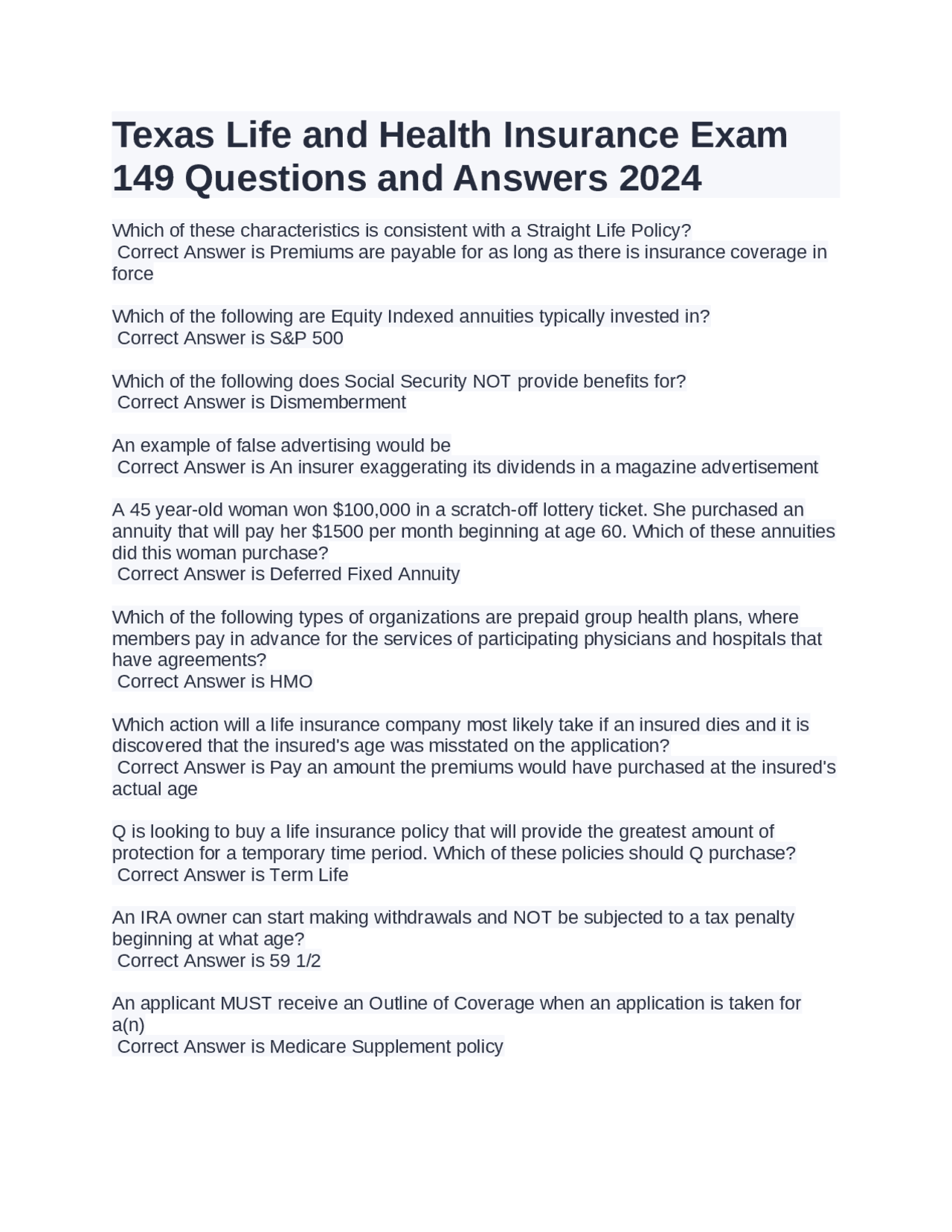 Texas Life and Health Insurance Exam 149 Questions and Answers 2024 ...