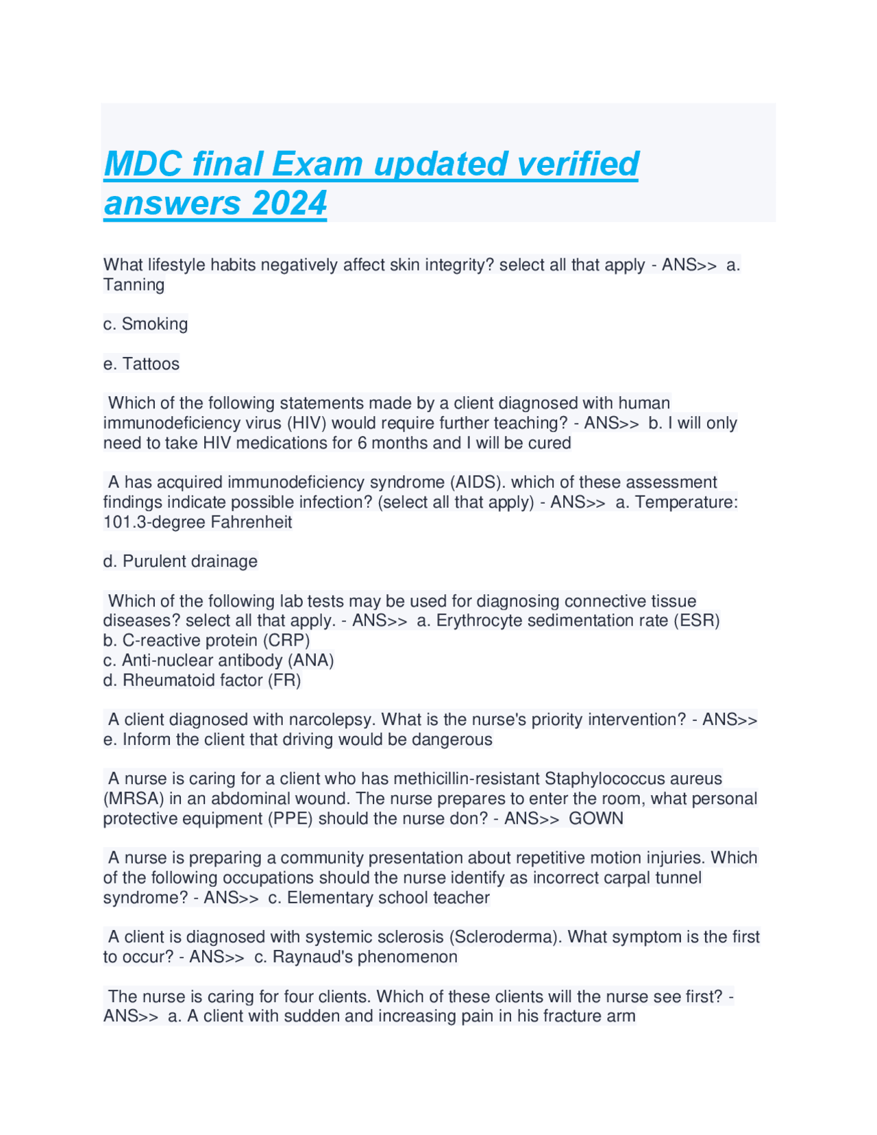 C final Exam updated verified answers 2024. | Exams Medicine | Docsity