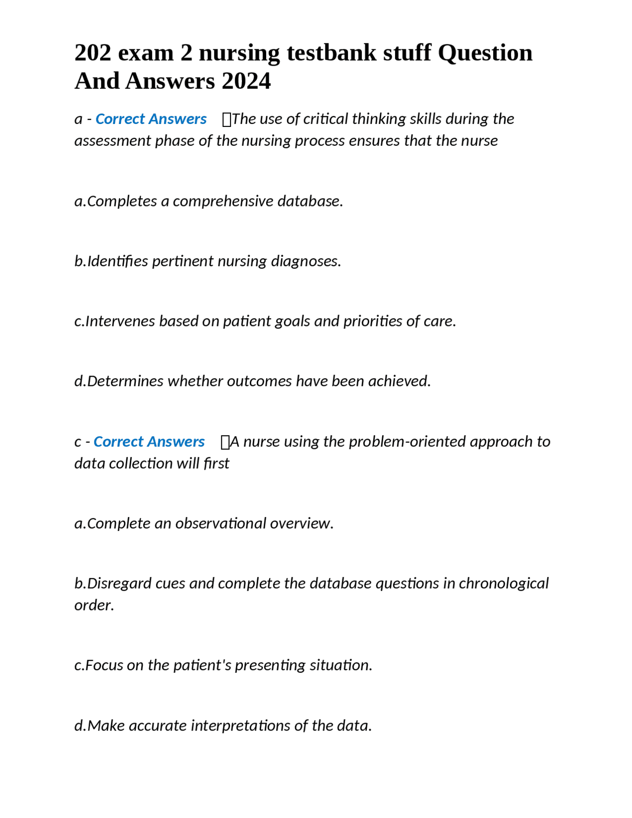 Nursing Diagnoses and Interventions: Testbank Questions and Answers ...