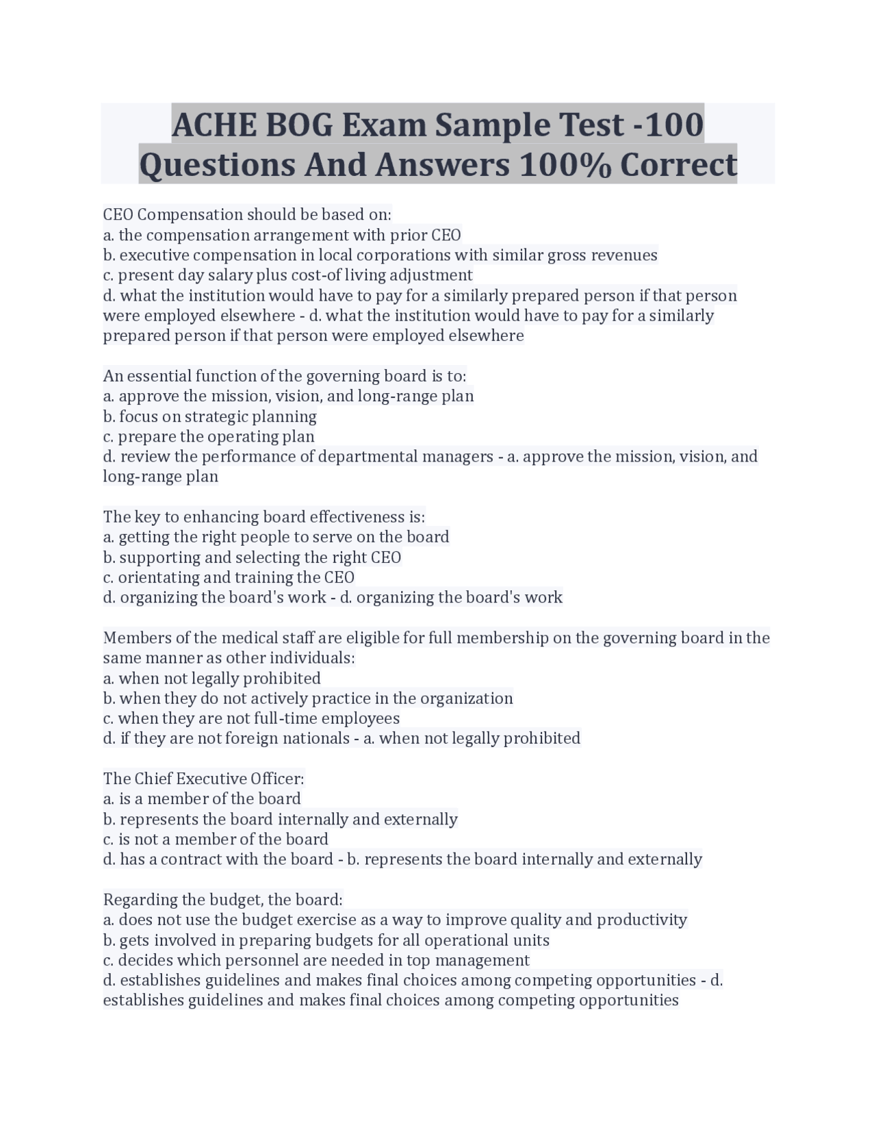 ACHE BOG Exam Sample Test -100 Questions And Answers 100% Correct ...