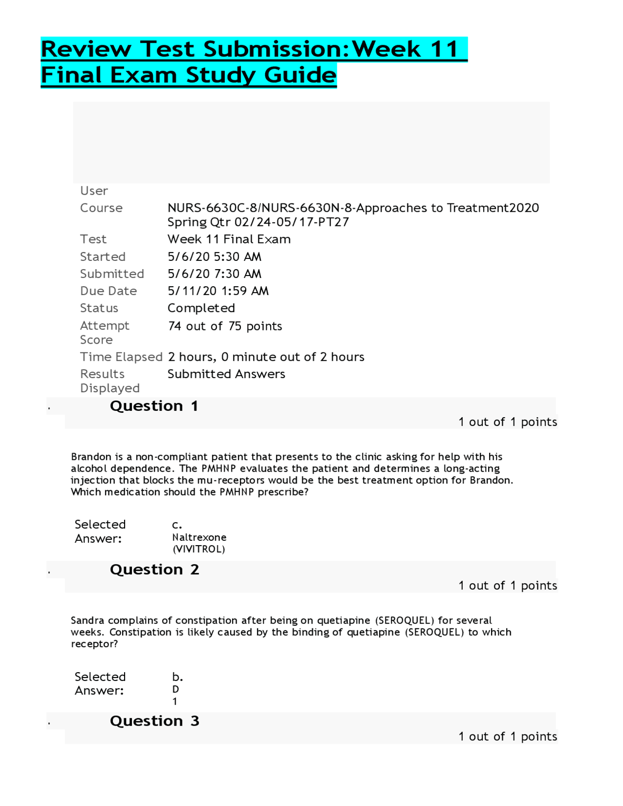 Review Test Submission:Week 11 Final Exam Study Guide | Exams Nursing ...
