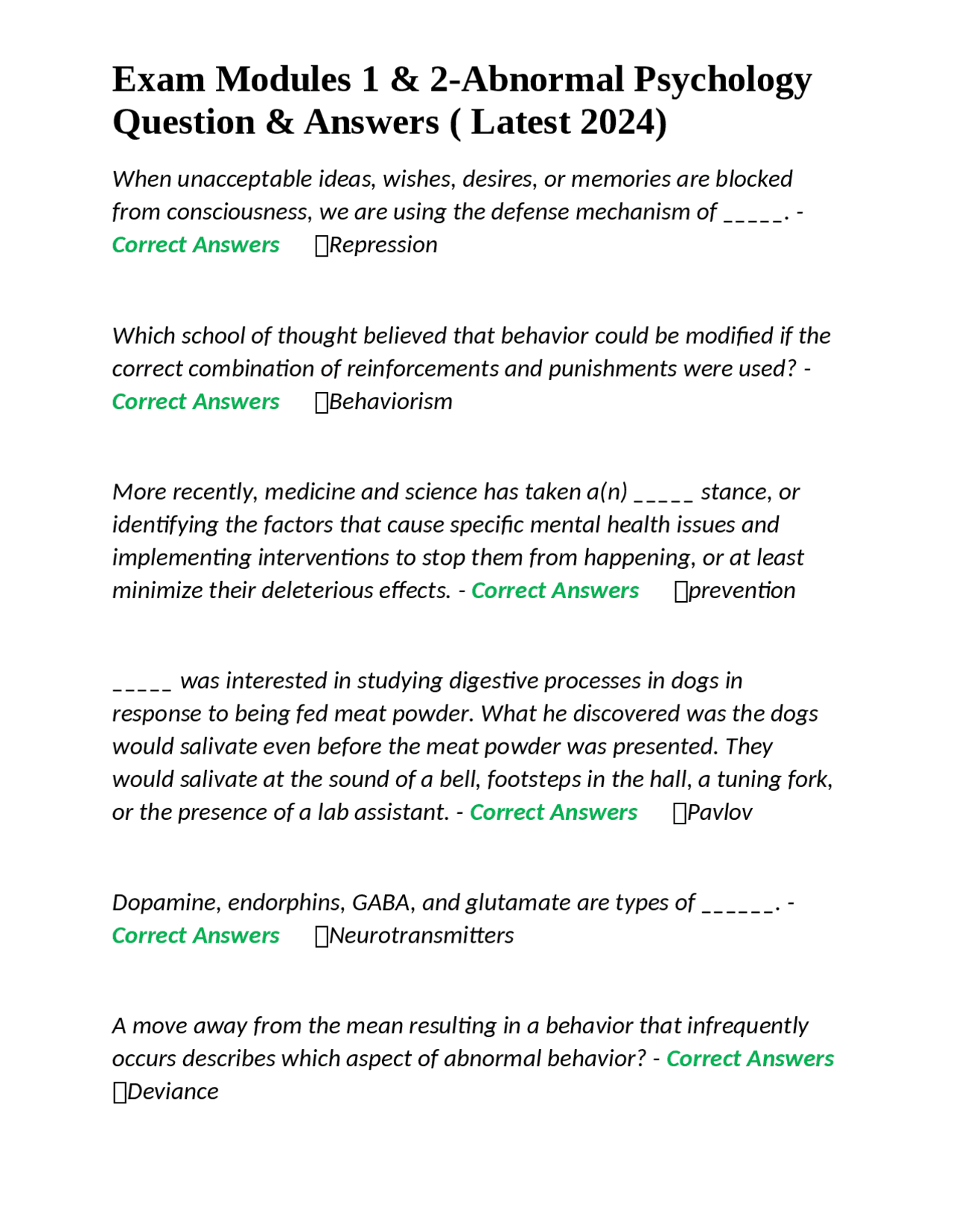 Abnormal Psychology Exam Questions and Answers (2024) | Exams Nursing ...