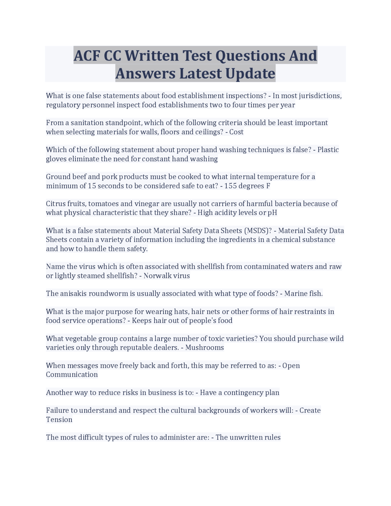 ACF Written Test Questions And Answers 100% Correct | Exams Health ...