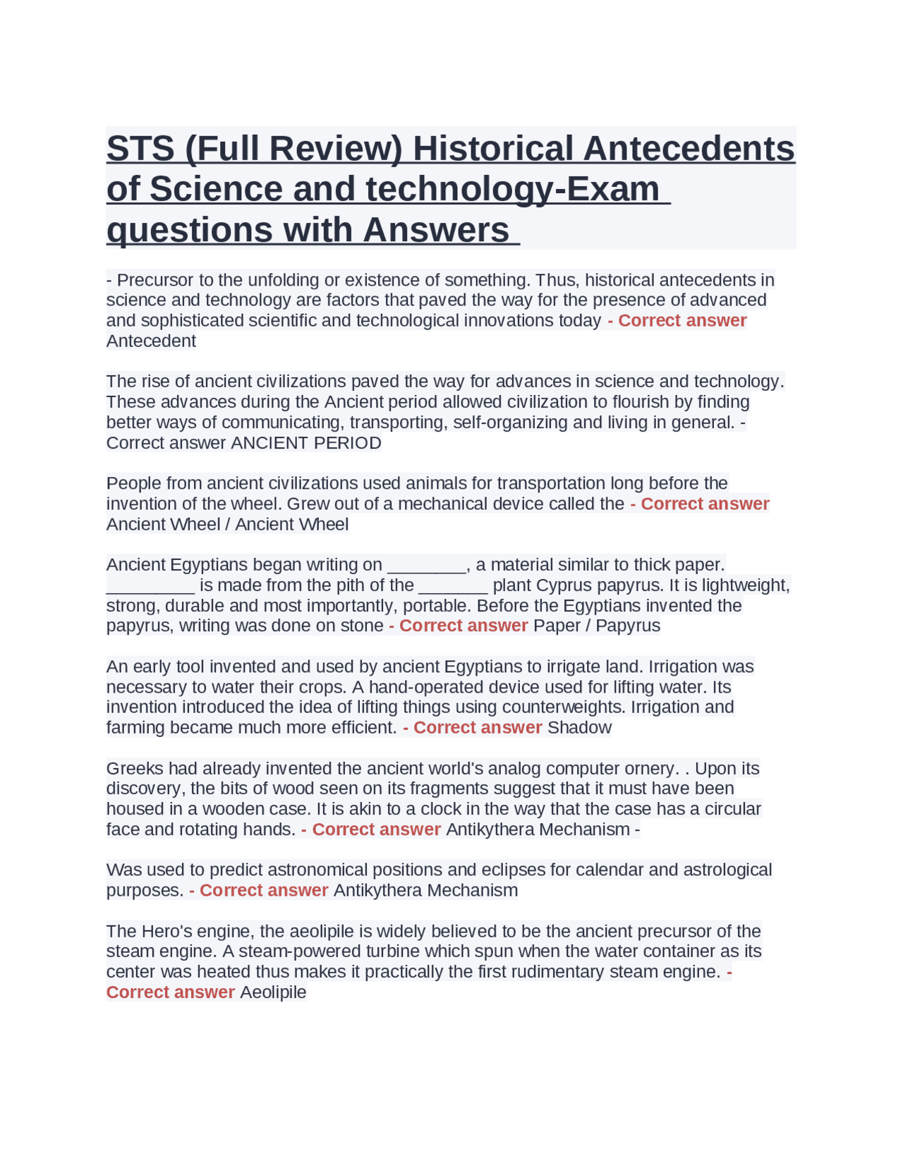 STS (Full Review) Historical Antecedents of Science and technology-Exam ...