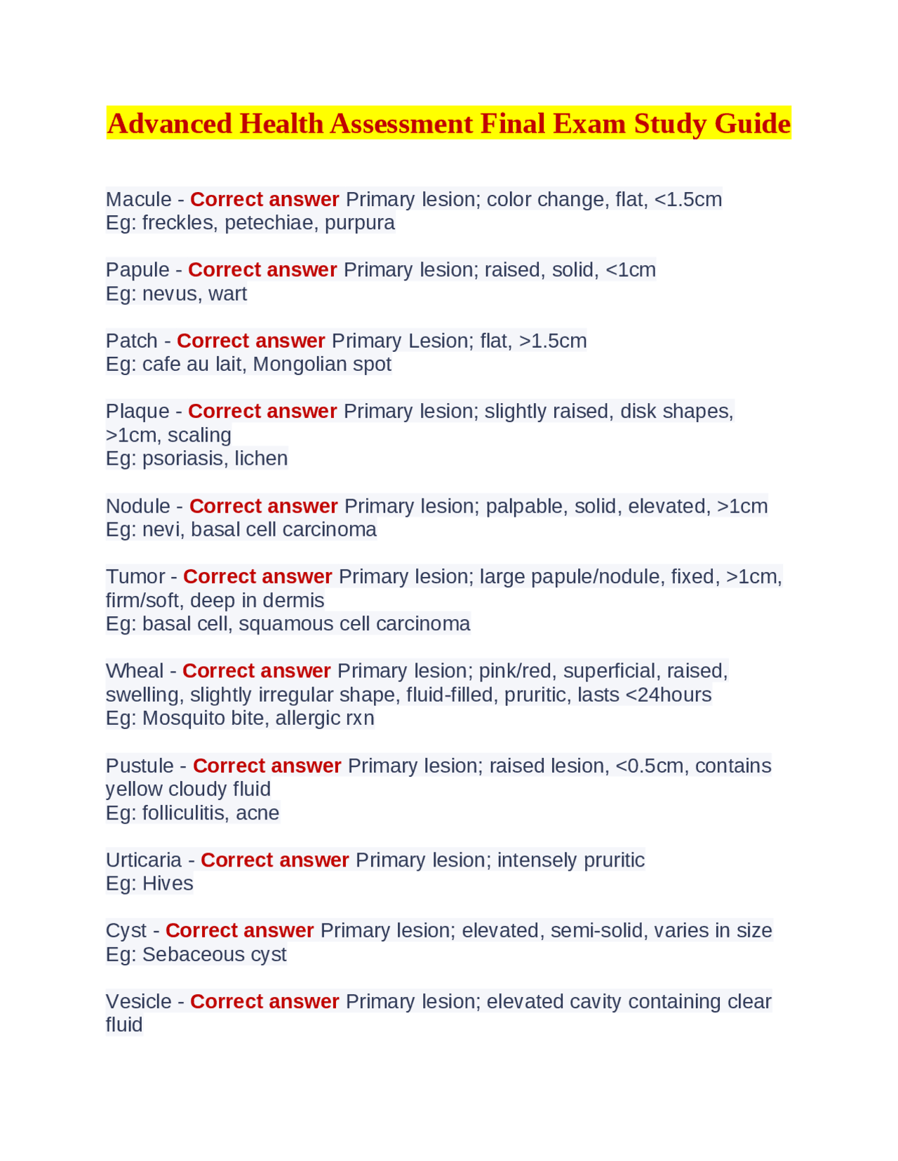 Advanced Health Assessment: Lesion Identification Study Guide | Exams ...