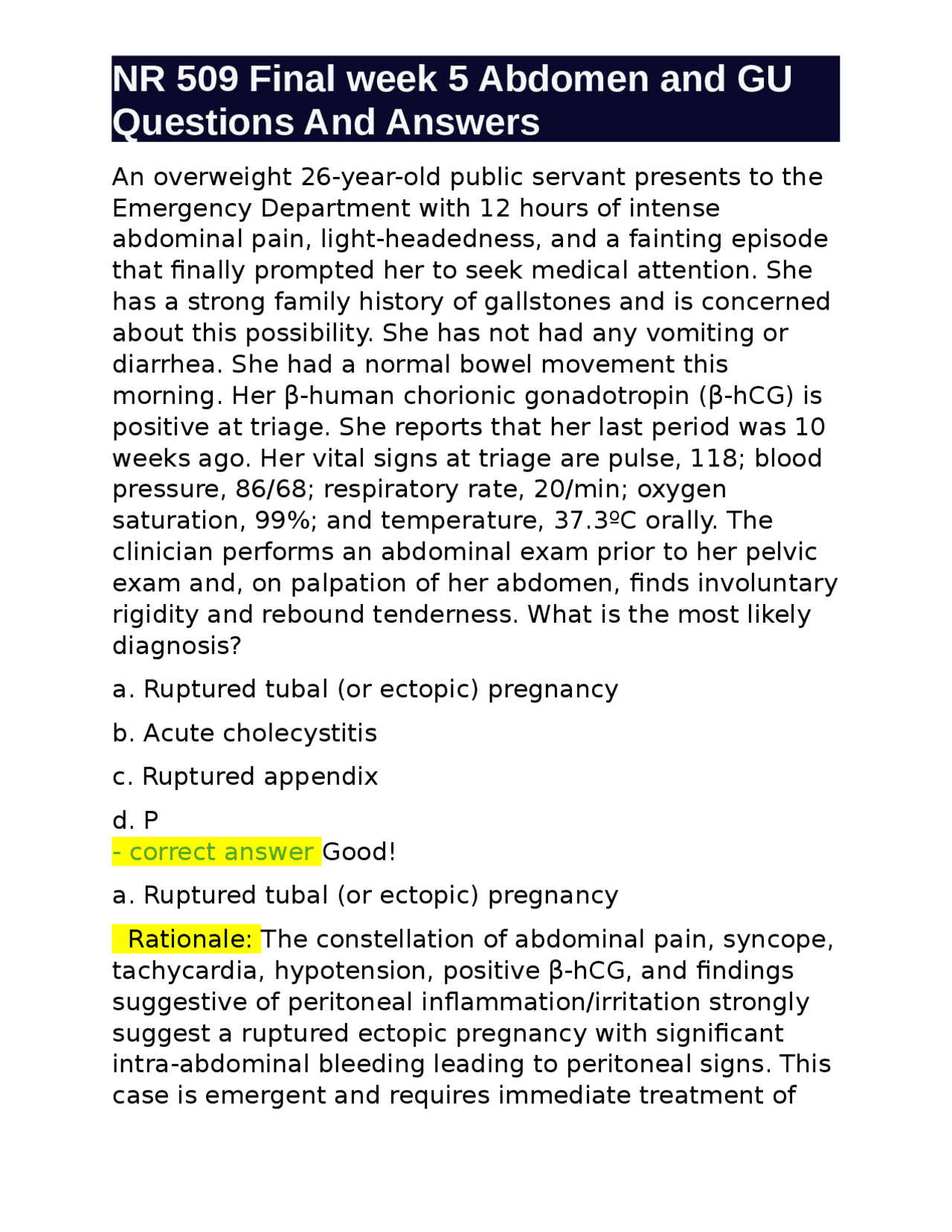 NR 509 Week 5: Abdomen and GU Questions and Answers - Gastrointestinal ...