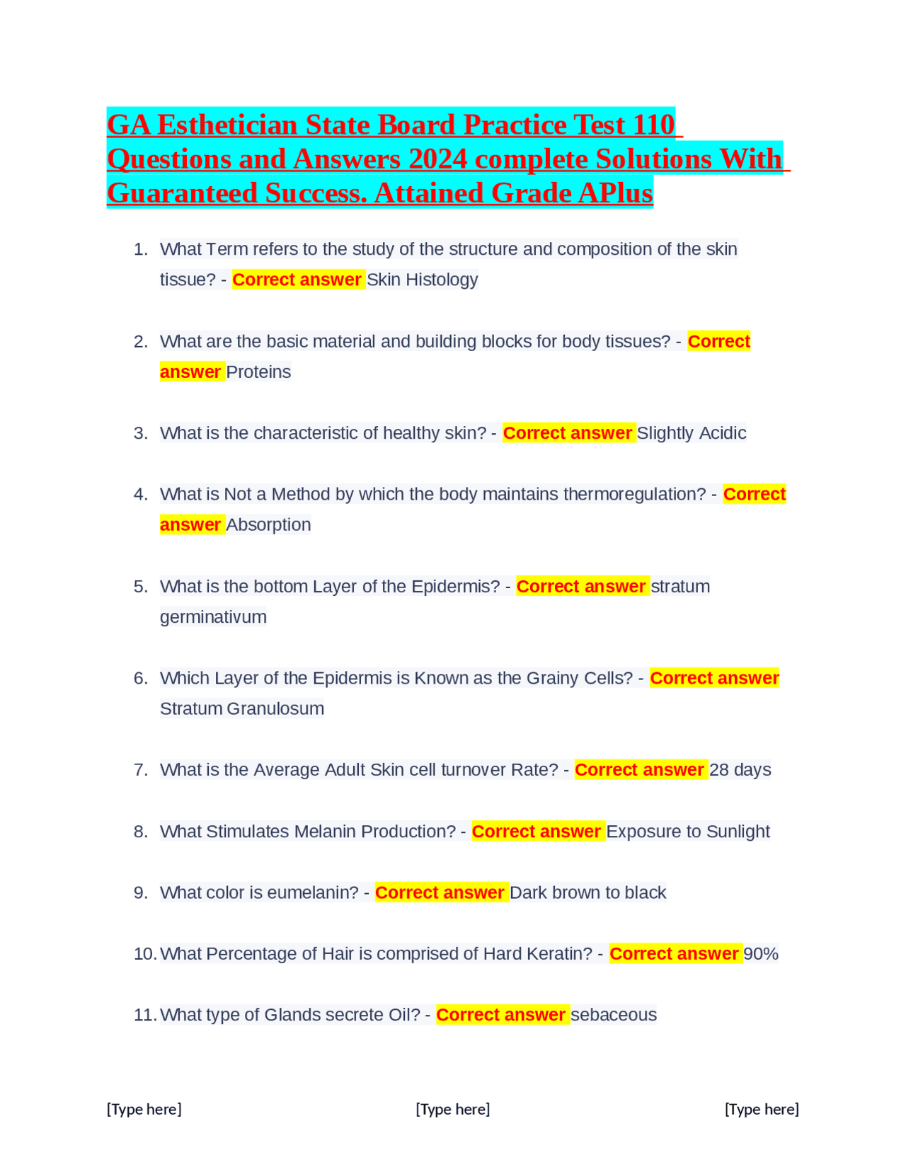 GA Esthetician State Board Practice Test 110 Questions and Answers 2024 ...
