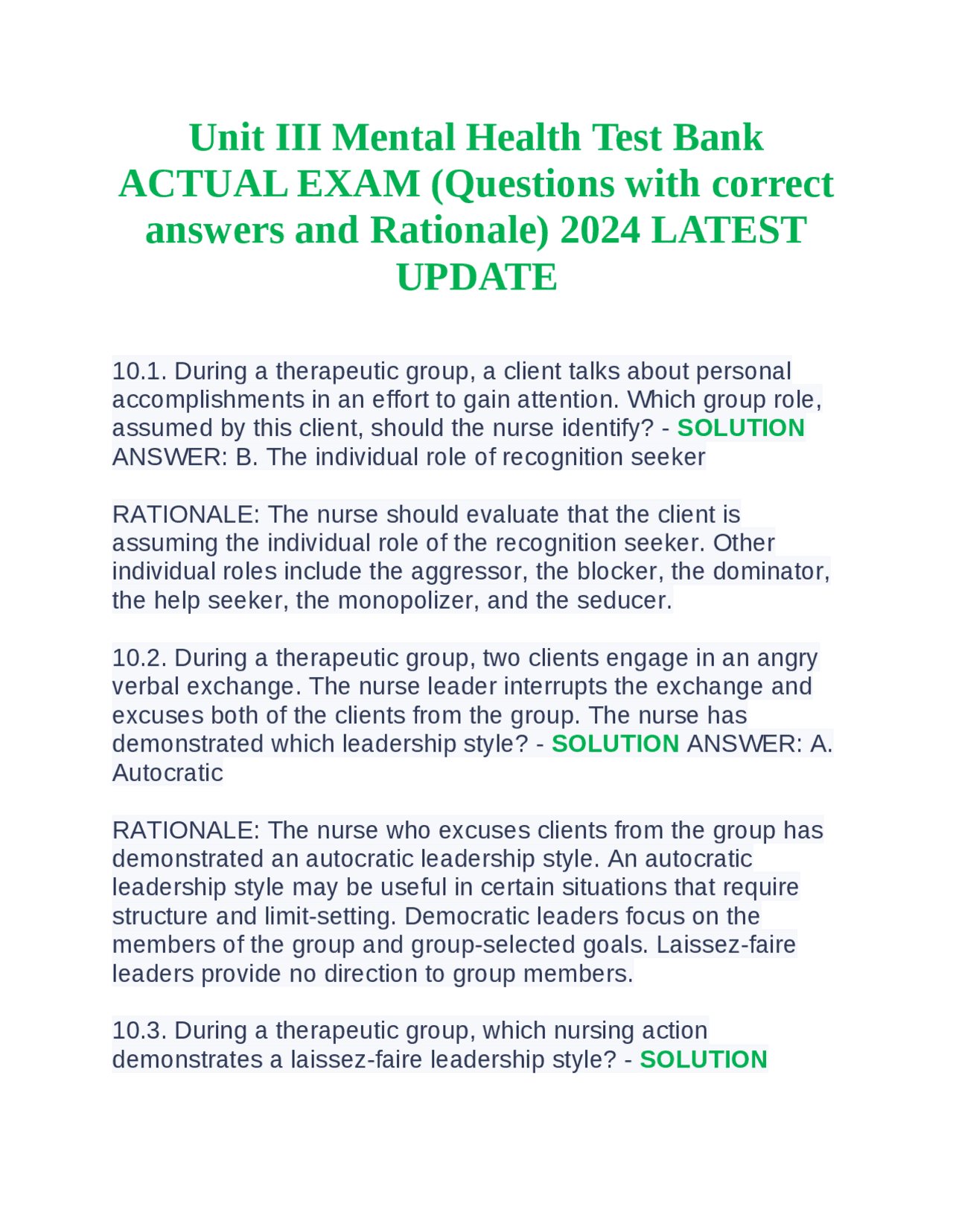 Unit III Mental Health Test Bank ACTUAL EXAM (Questions with correct ...